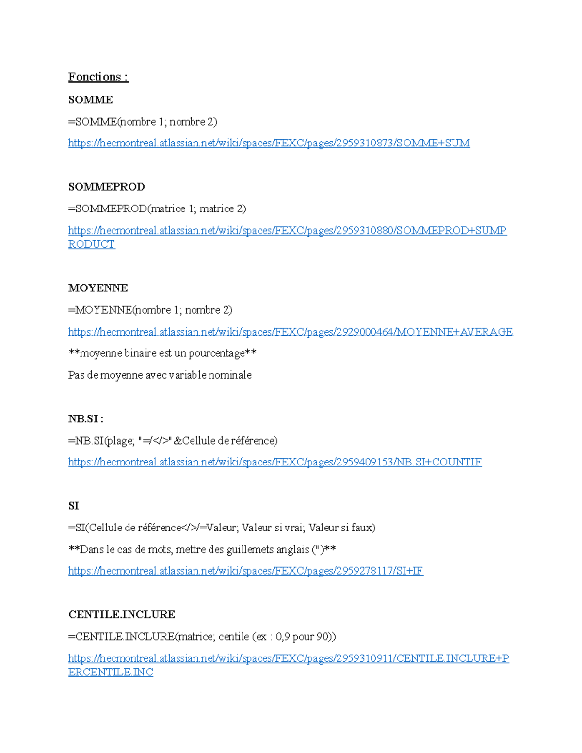 Aide mémoire fonctions Excel - Fonctions : SOMME =SOMME(nombre 1 ...