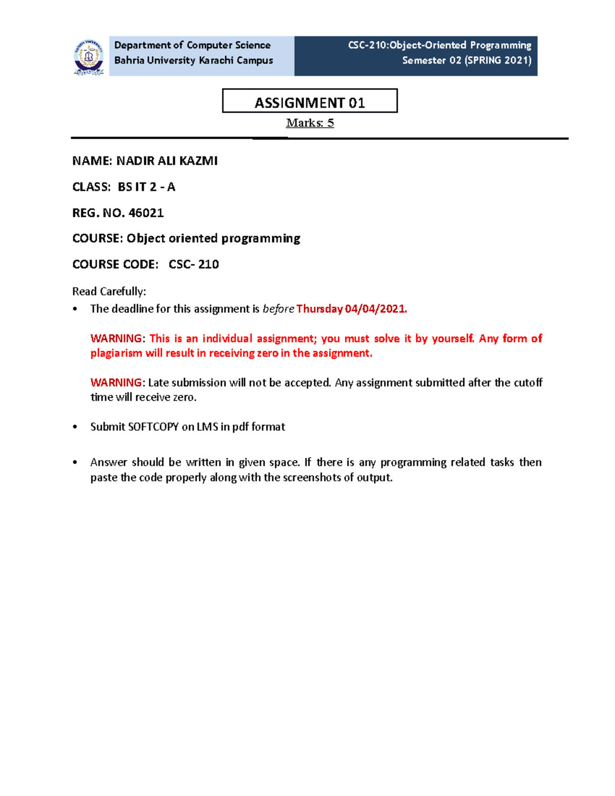 A1-OOP- Spring-2021-Nadir Ali Kazmi 02-235182-022 - Bahria University ...