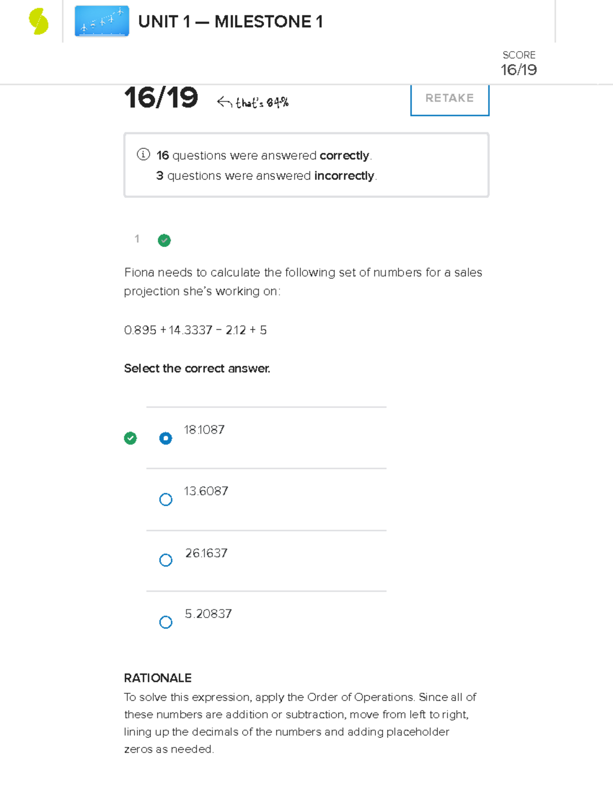 Sophia Welcomemath - milestone 1 - 1 16/19 that's 84% RETAKE 16 ...
