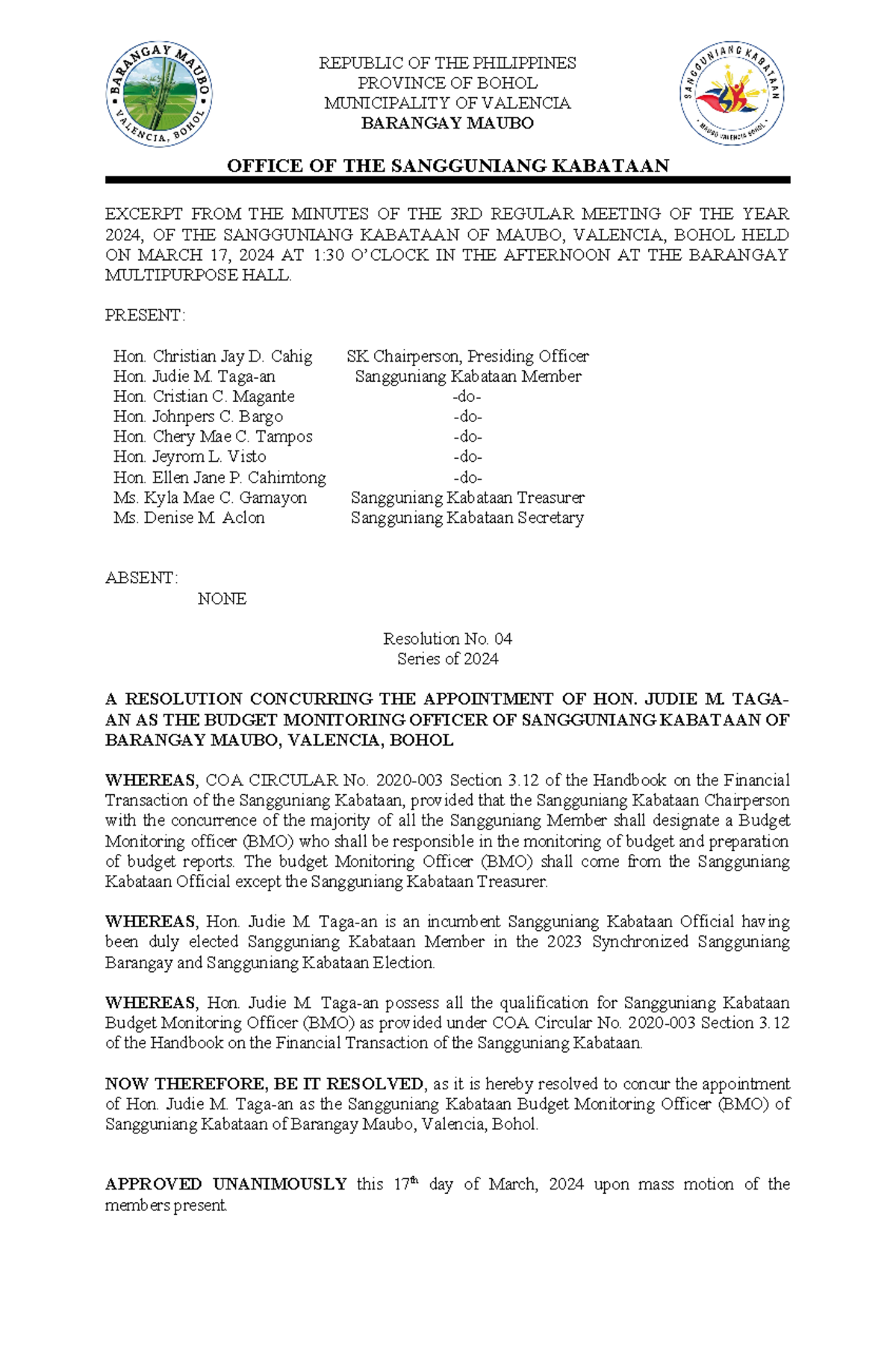 Resolution for Budget Monitoring Officer - REPUBLIC OF THE PHILIPPINES ...