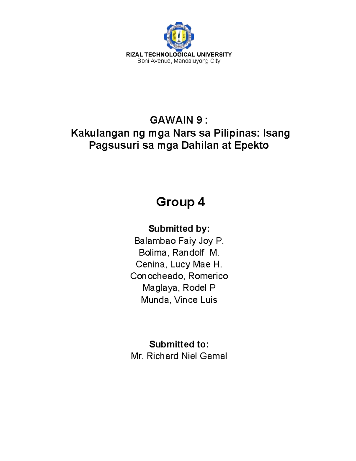 9 gawain - asdfsadf - RIZAL TECHNOLOGICAL UNIVERSITY Boni Avenue ...