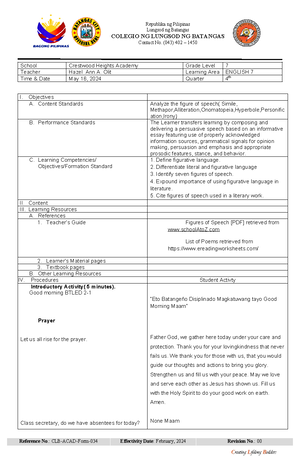 Detailed lesson plan in home economics - Object 1 Skip to document ...