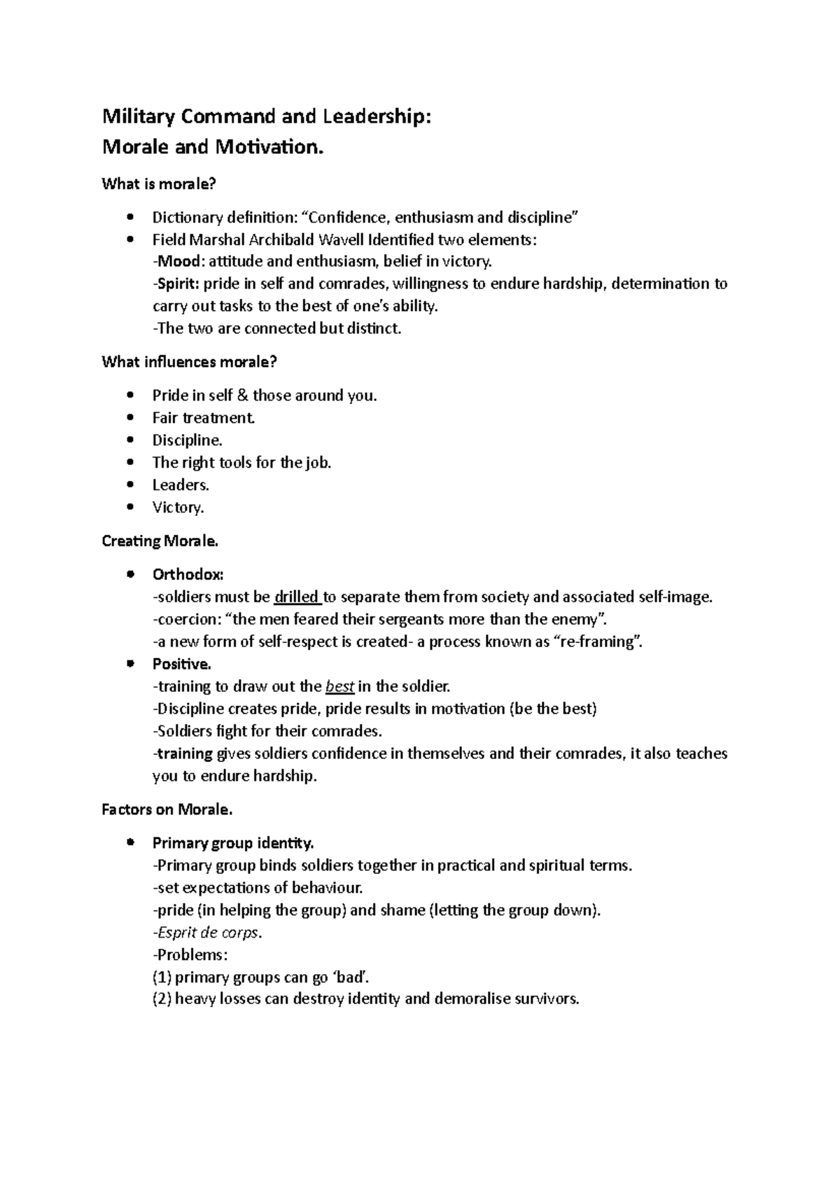 Morale and motivation - lecture notes - Military Command and Leadership ...