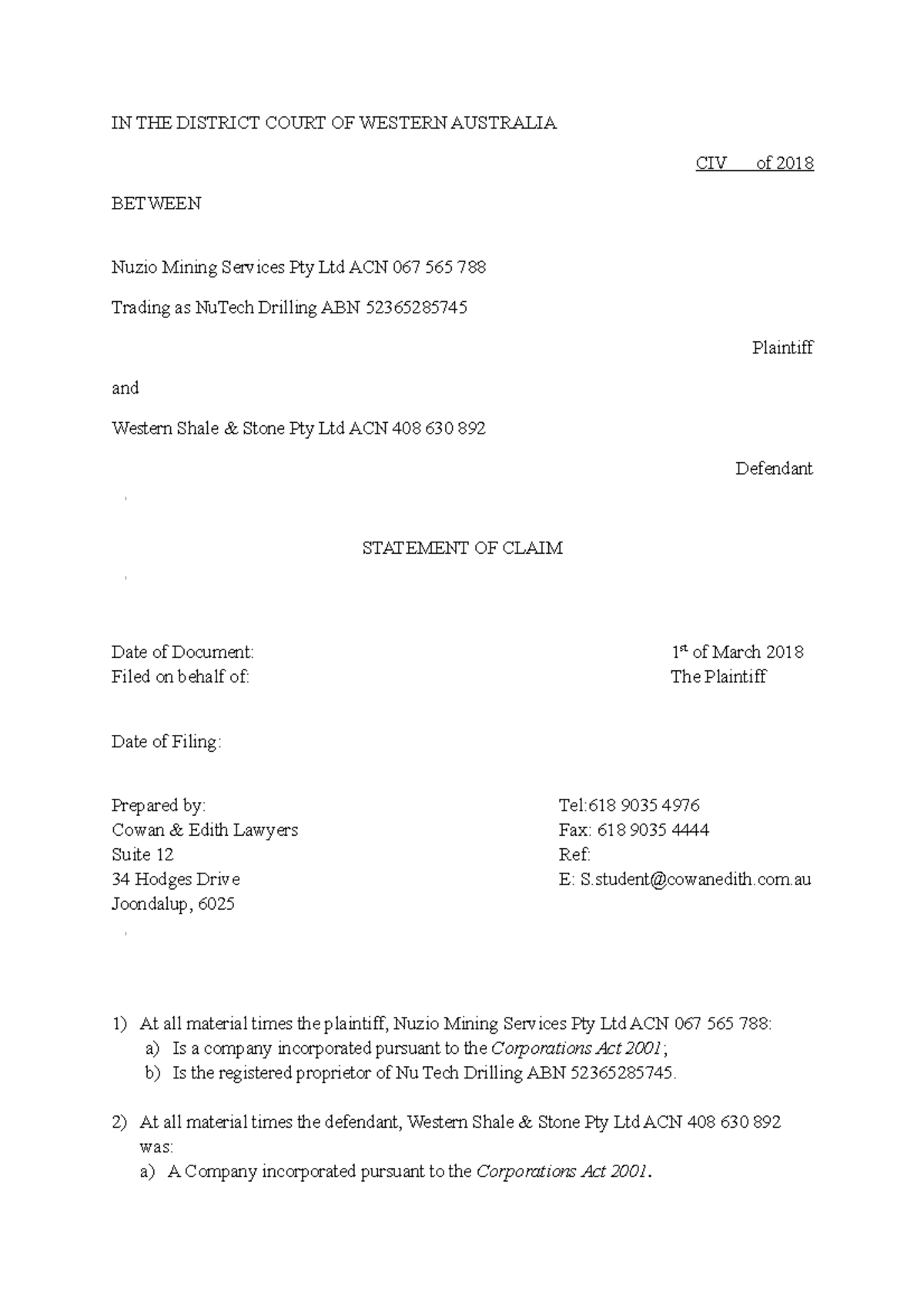 Civ Pro Statement of Claim 3rd edt - IN THE DISTRICT COURT OF WESTERN ...