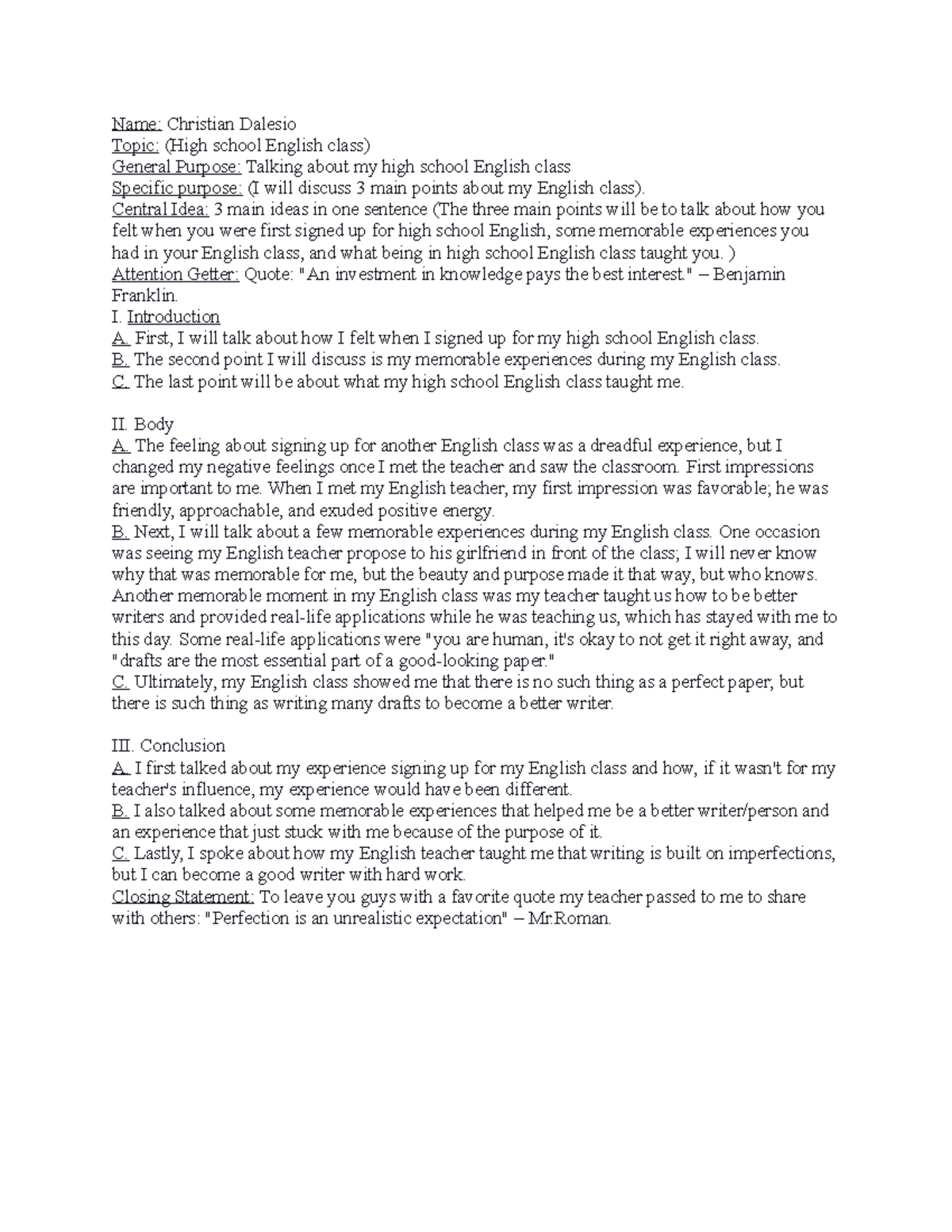 Speech 1 - example for other students - Name: Christian Dalesio Topic ...