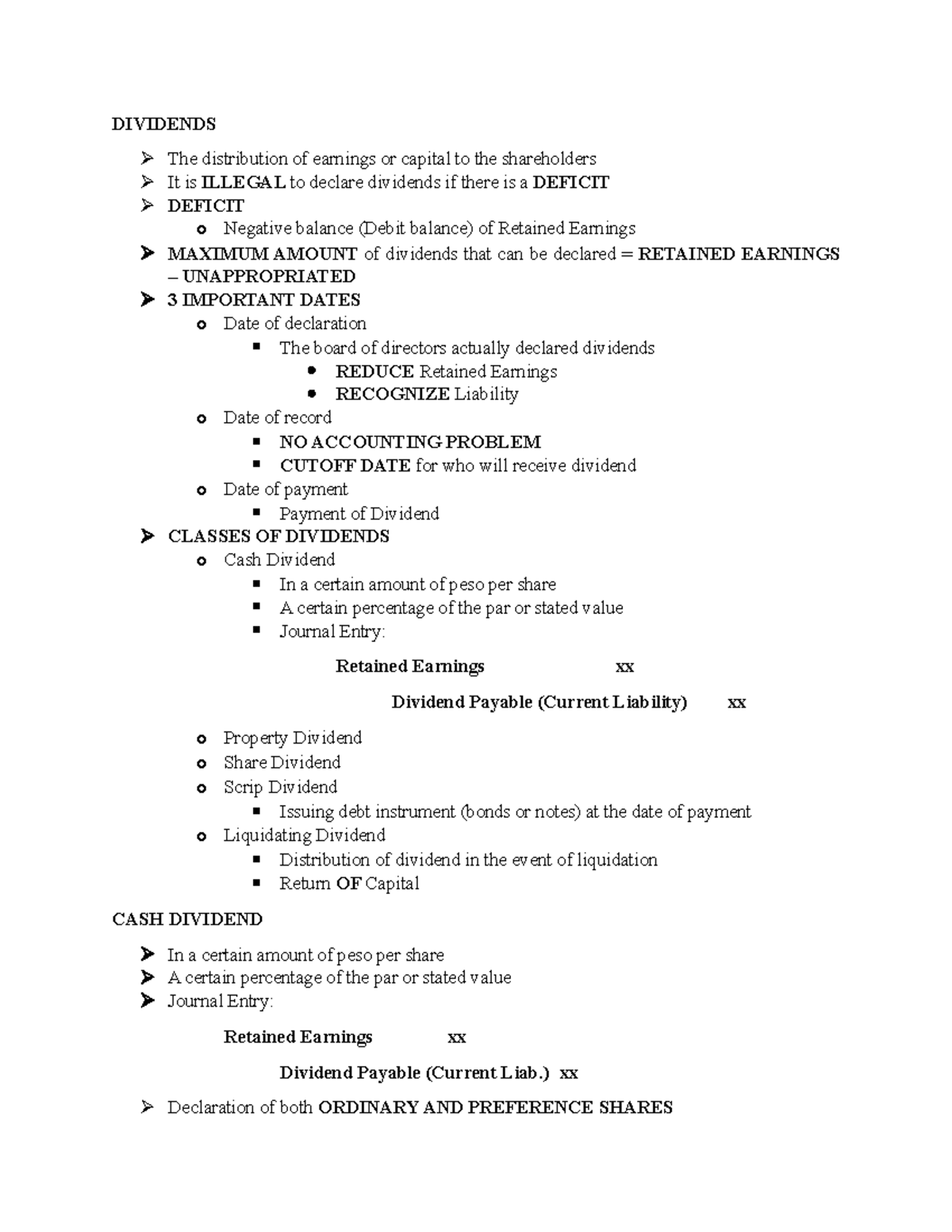 Accounting for Dividends - DIVIDENDS The distribution of earnings or ...