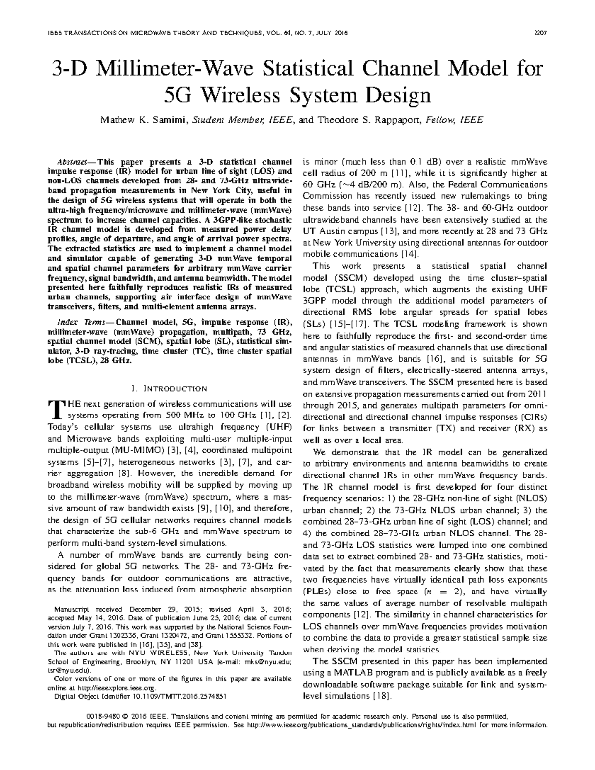 3-D Millimeter-Wave Statistical Channel Model for 5G Wireless System ...