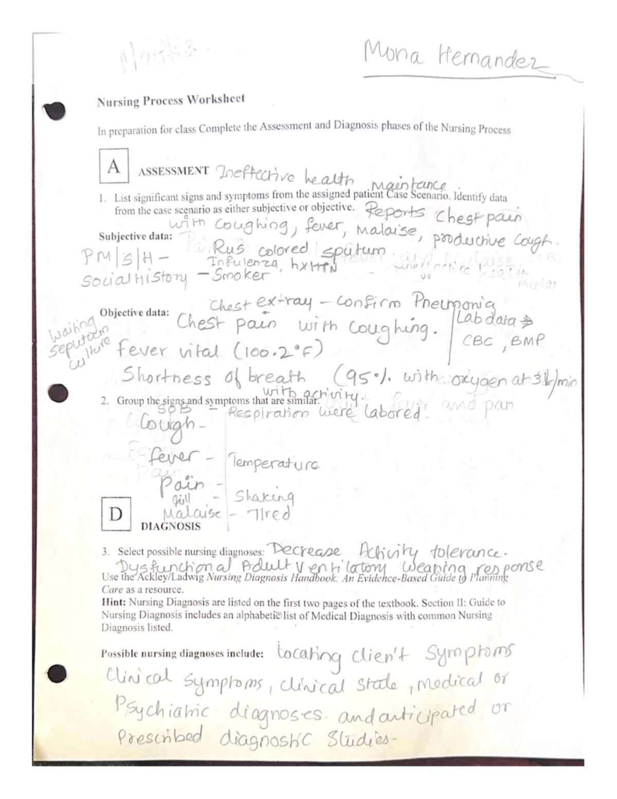 Nursing Process Worksheet - List significant signs and symptoms from ...