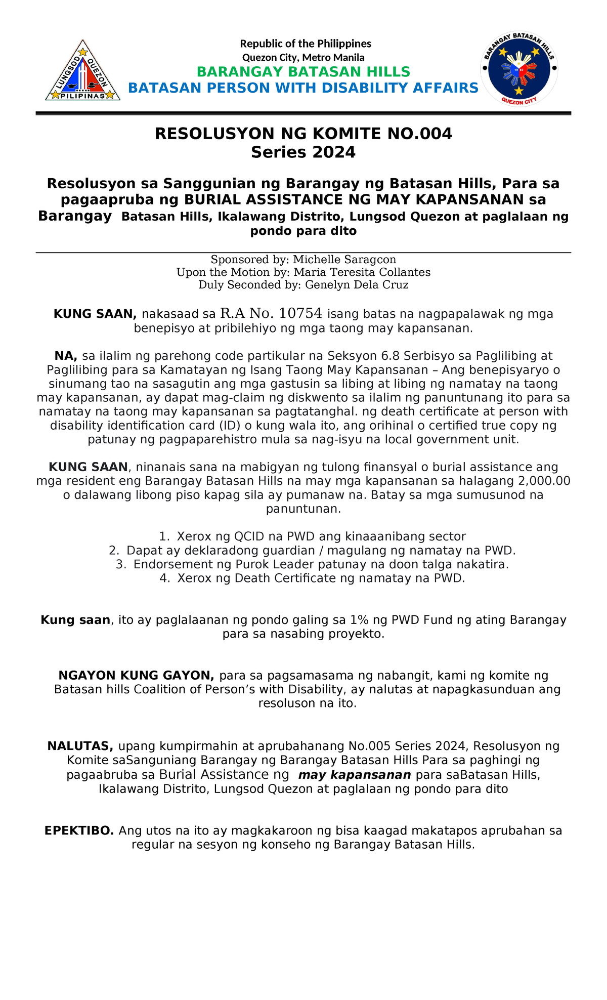 RESO 005 SY 2024 Burial Assistance - Republic of the Philippines Quezon ...