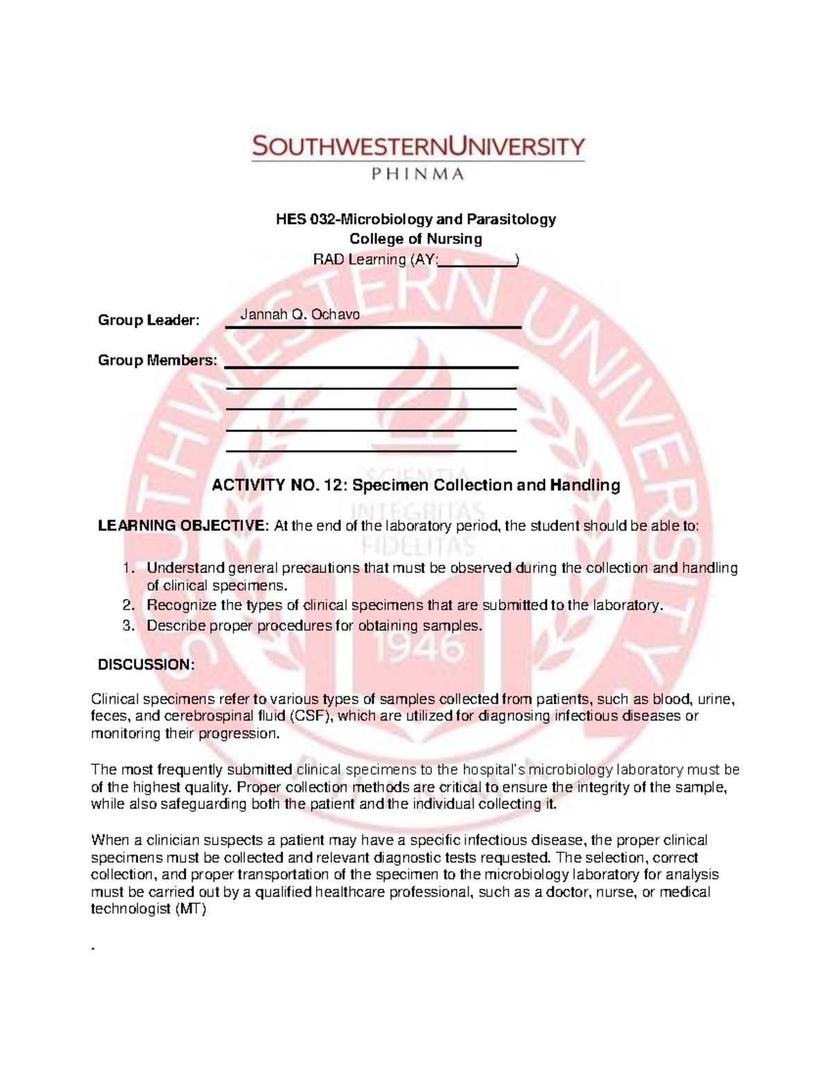 HES 032 BSN Lab Activity 12 - HES 032-Microbiology and Parasitology College of Nursing RAD ...