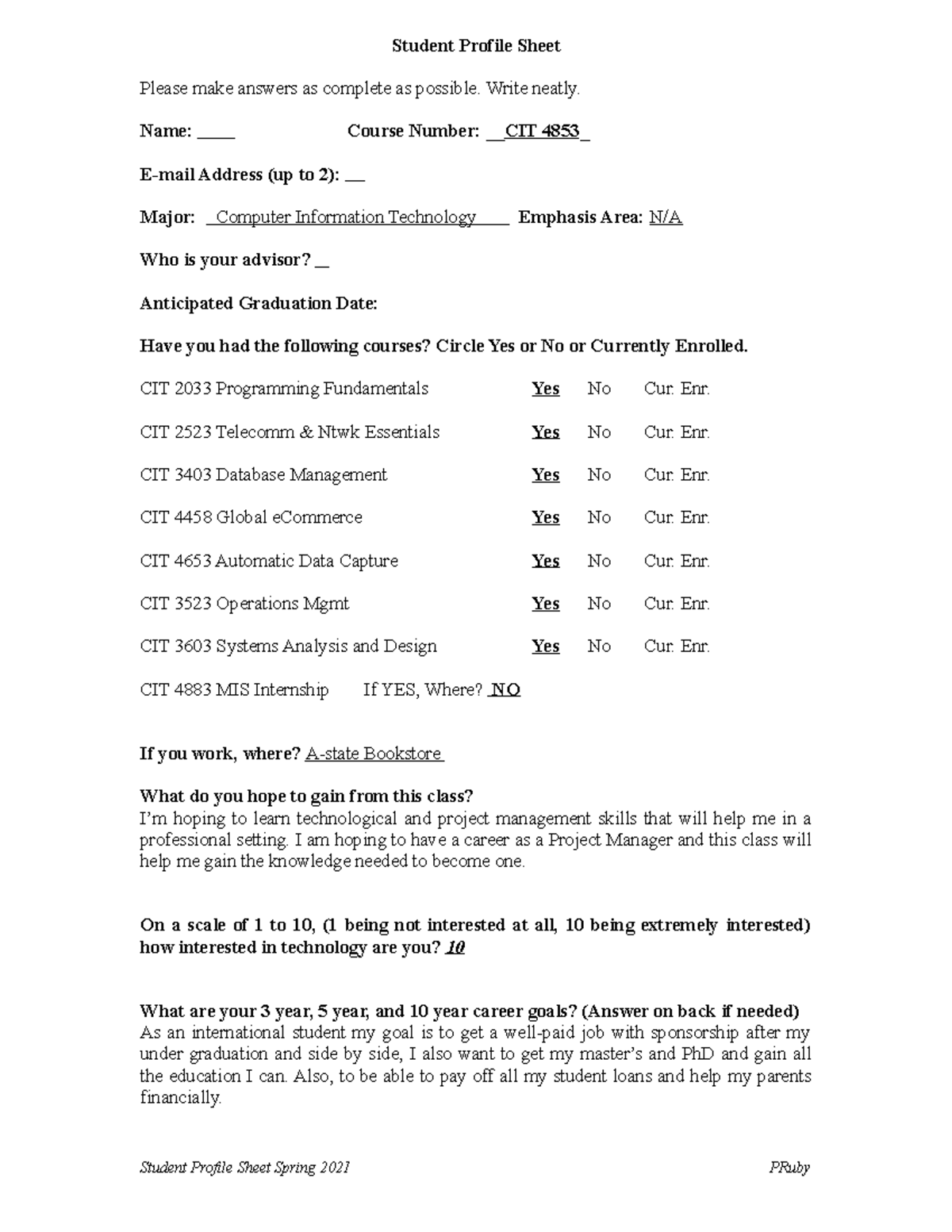 Student Profile Sheet Spring 2021 - Student Profile Sheet Please make ...