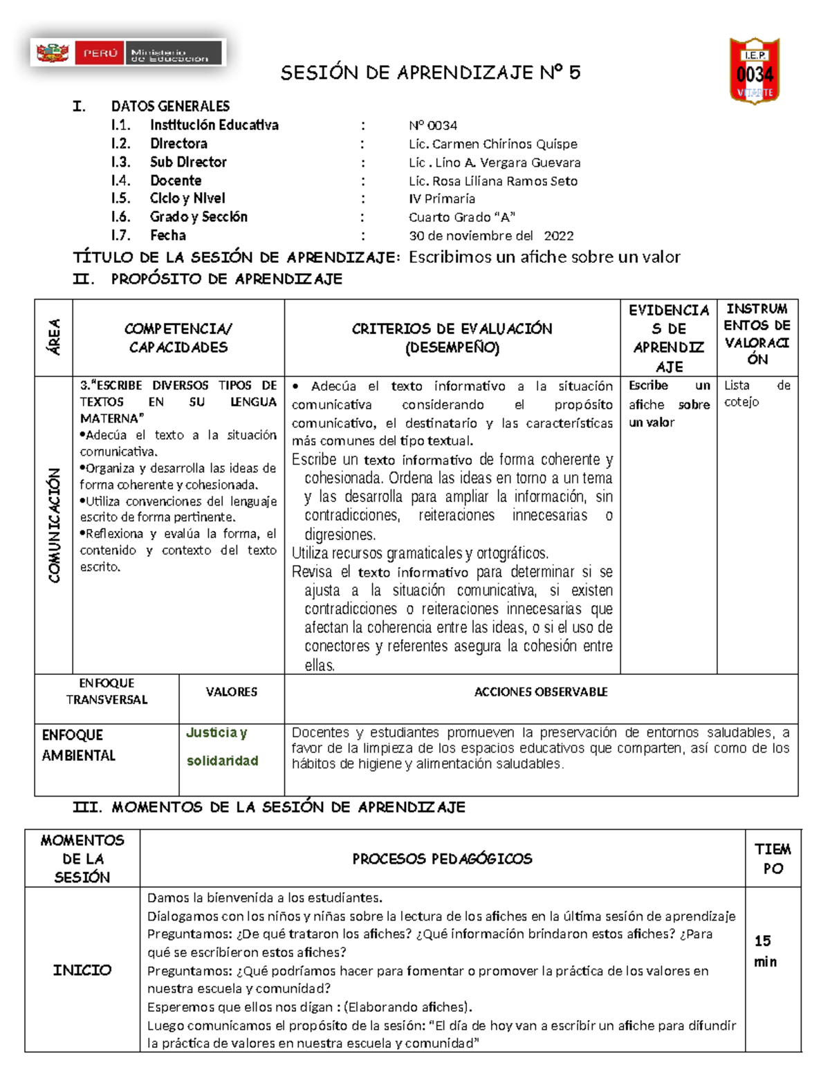 5.- Sesion Escribimos UN Afiche - SESIÓN DE APRENDIZAJE Nº 5 I. DATOS GENERALES I. Institución ...