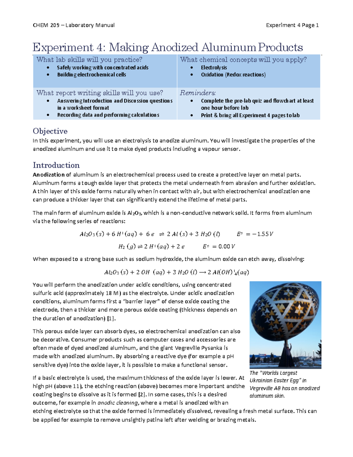 CHEM 209 Experiment 4 W23 Procedure and Worksheet - 4 Experiment 4: Making Anodized Aluminum ...