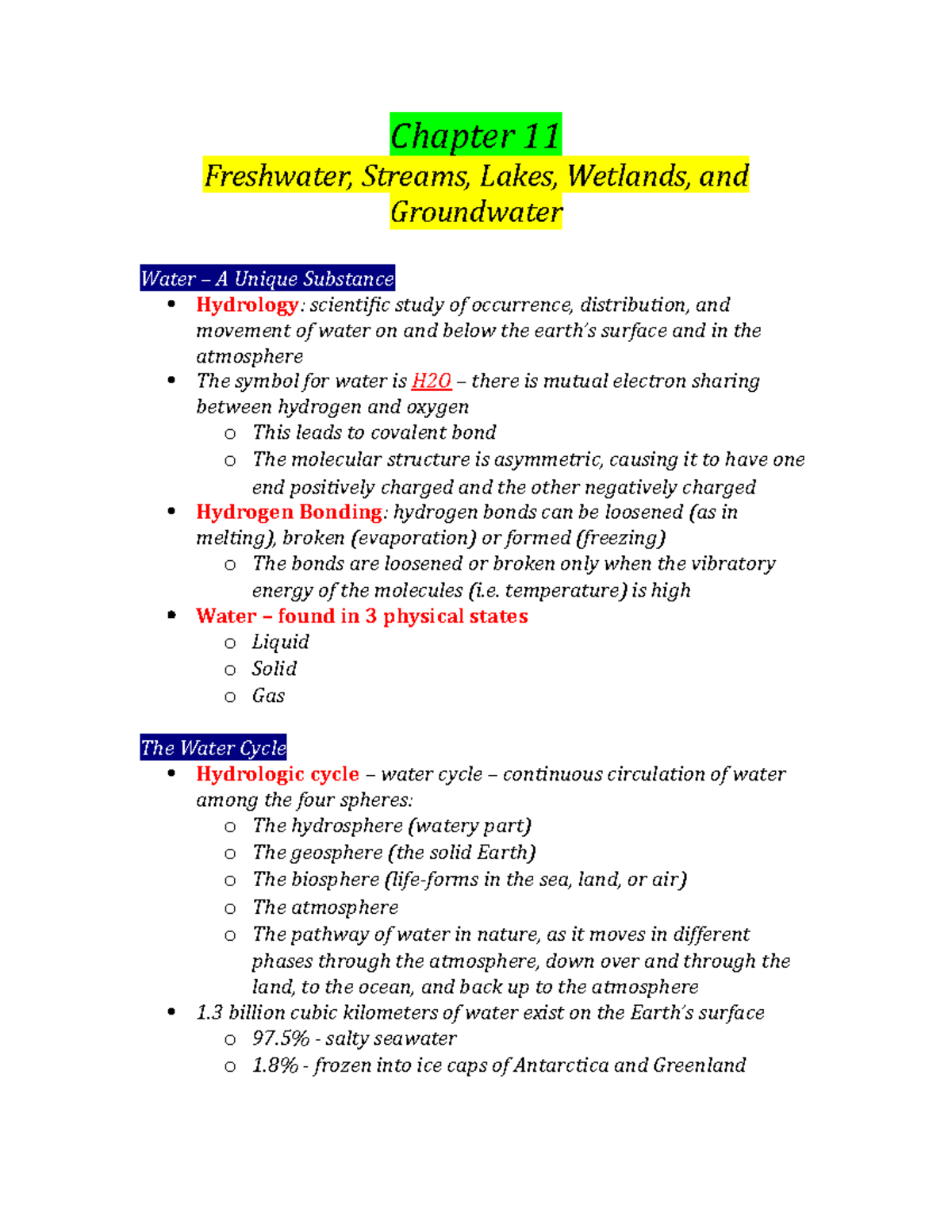 Chapter 11 - Hydrology I - Chapter 11 Freshwater, Streams, Lakes ...