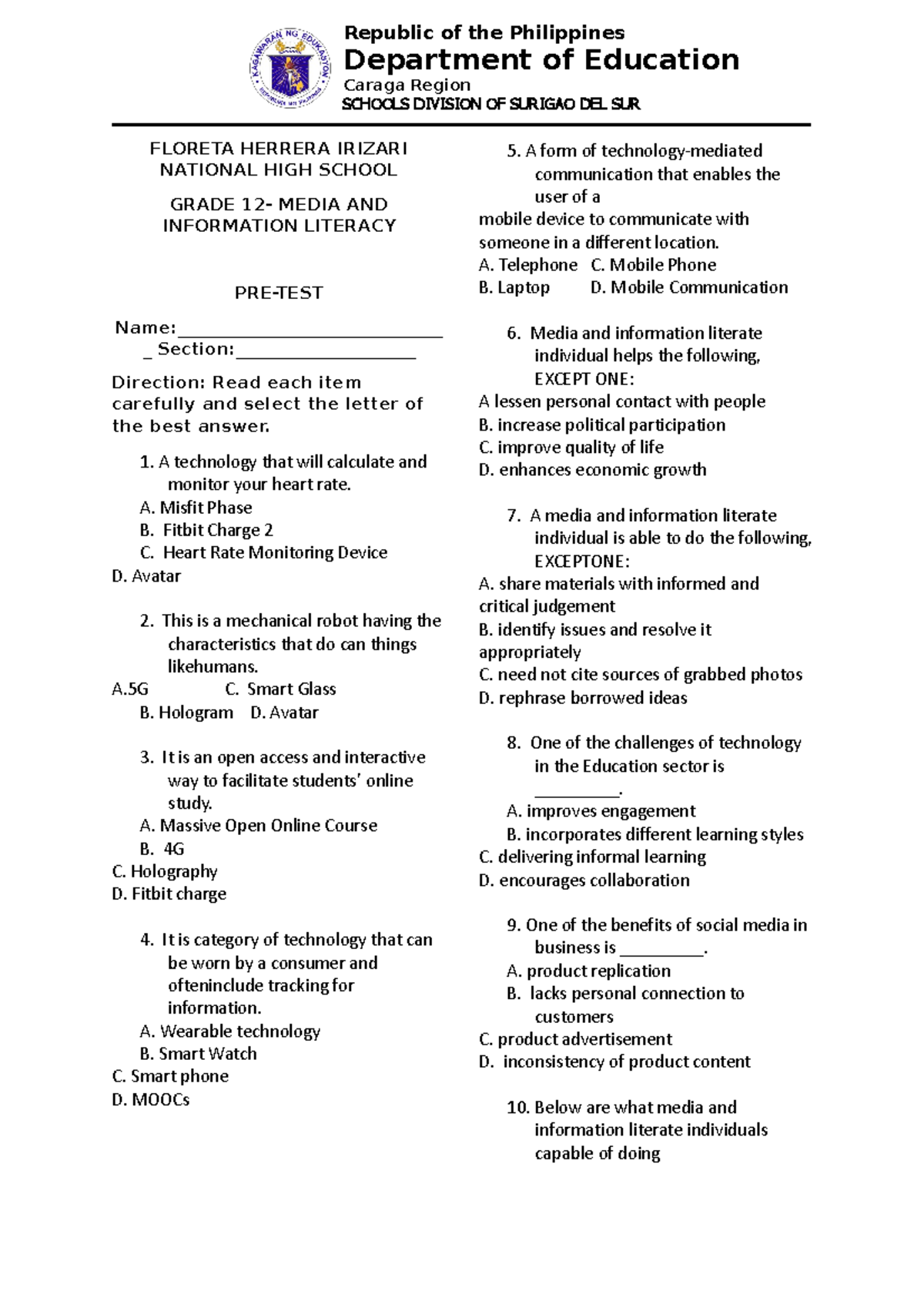MIL Q2 PRE-TEST - Media and Information Literacy - Department of ...