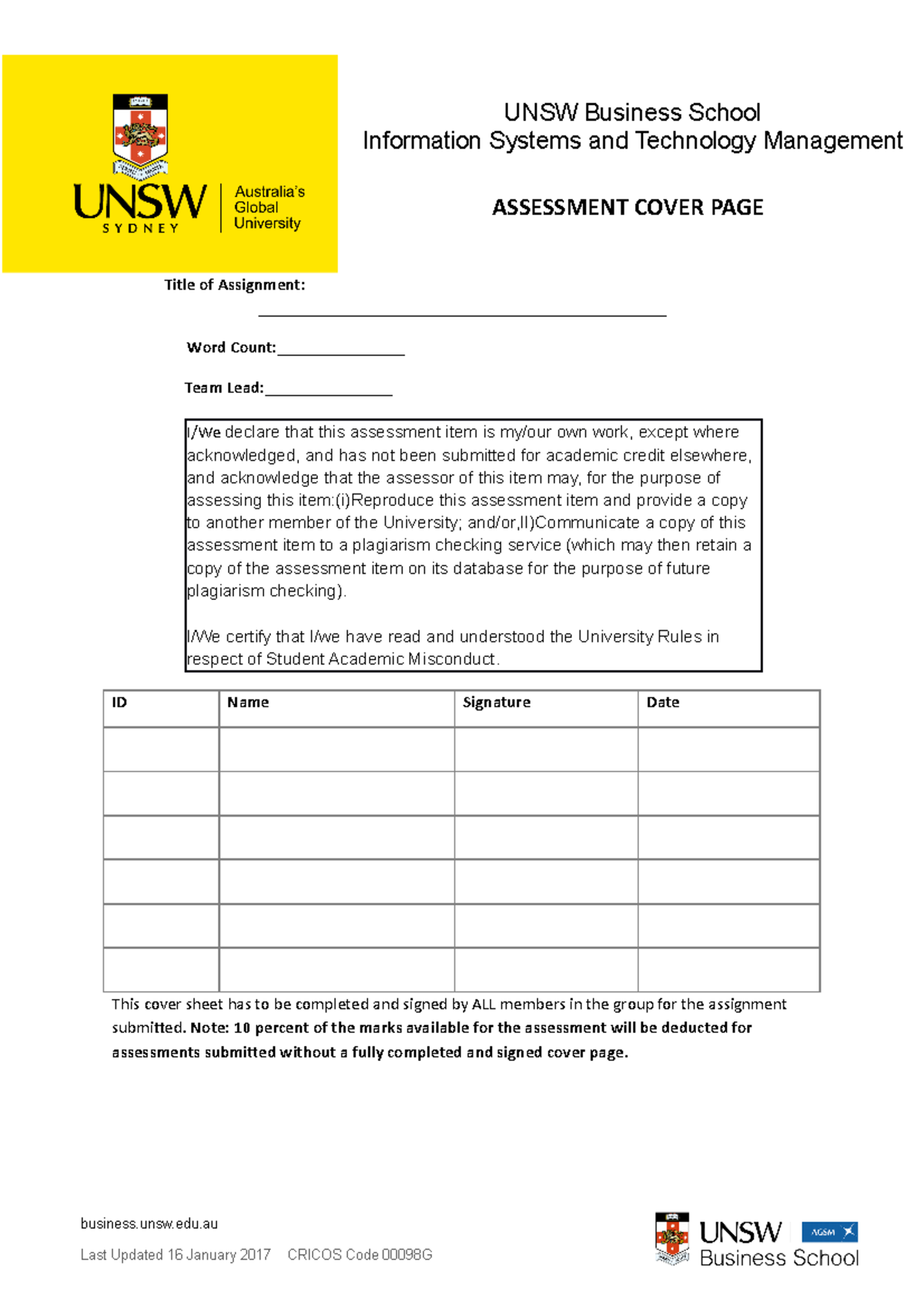 Team Project - UNSW Cover Sheet - Title of Assignment: - Studocu