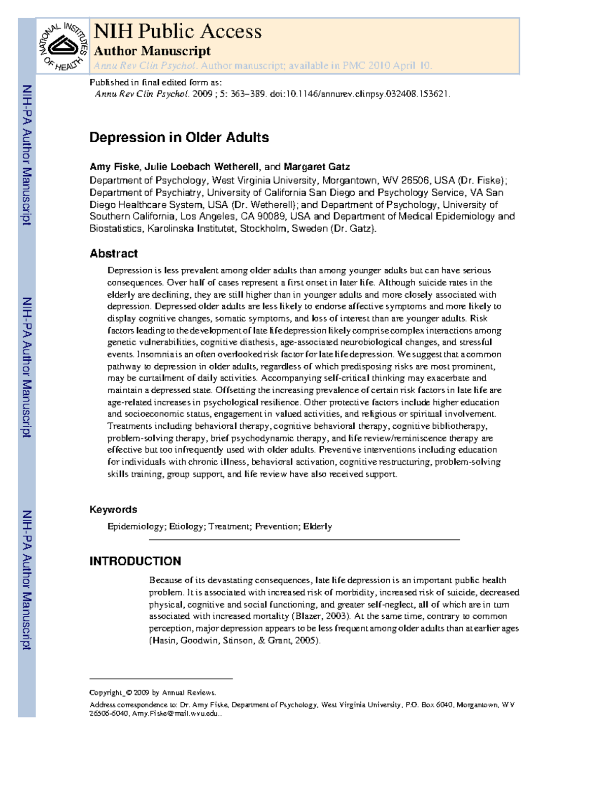Fiske 2009 depression in older adults Modele theorique - Depression in ...