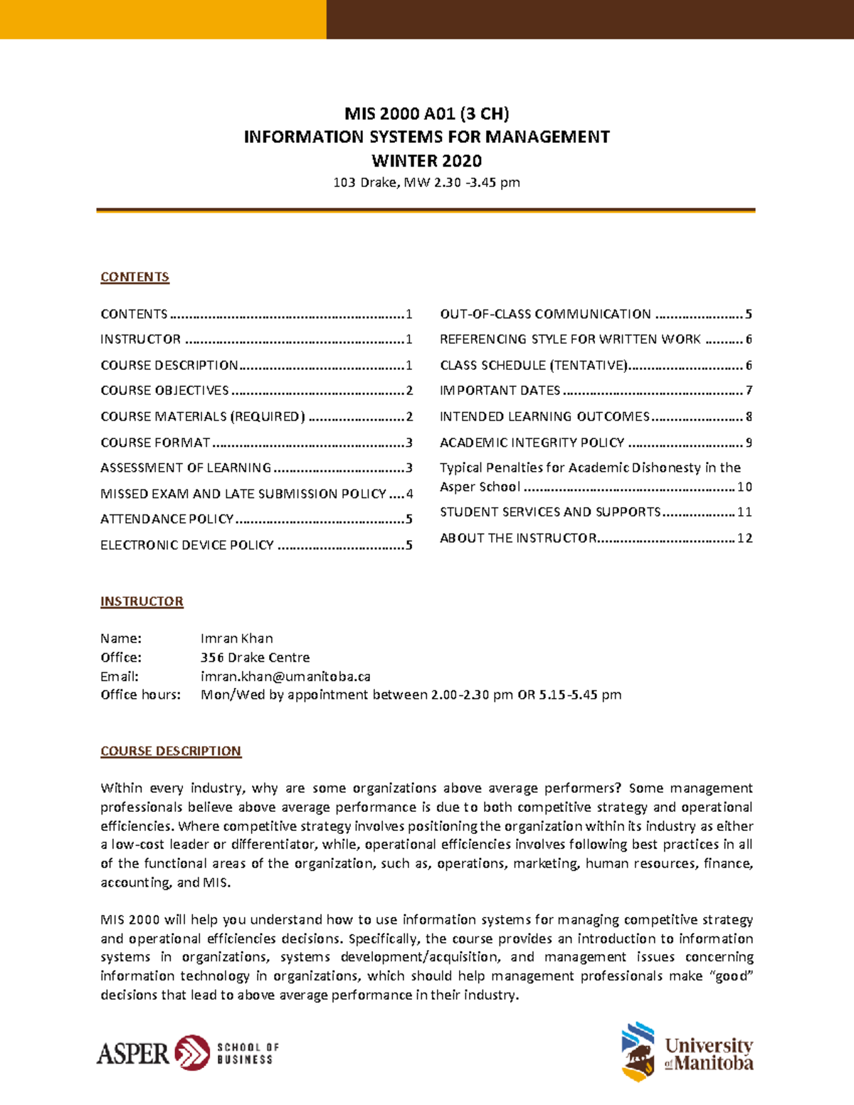 MIS2000 A01W20 - Course Syllabus - MIS 2000 A01 (3 CH) INFORMATION ...