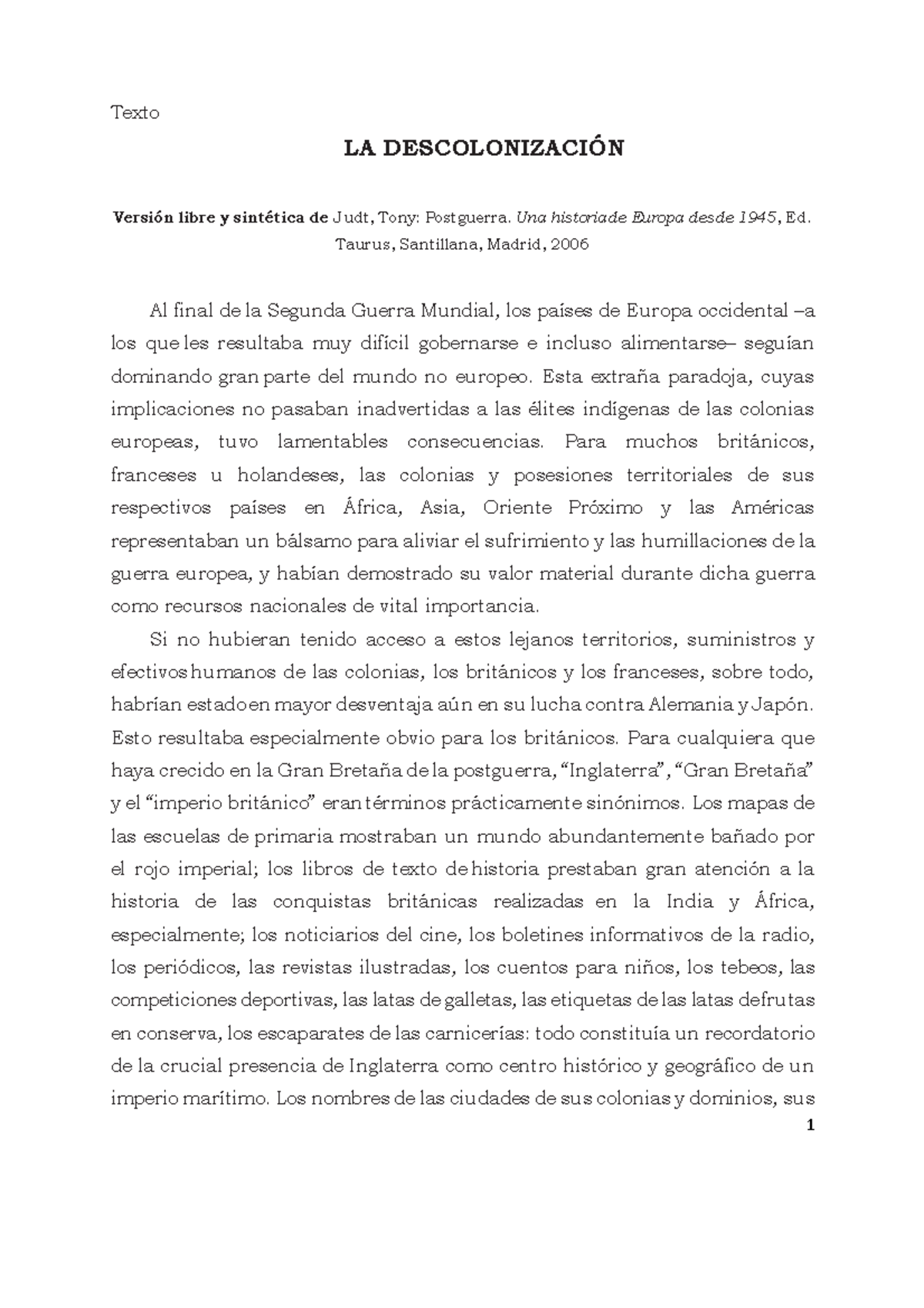 La descolonización - 2022 - Texto LA DESCOLONIZACI”N VersiÛn libre y sintÈtica de Judt, Tony ...