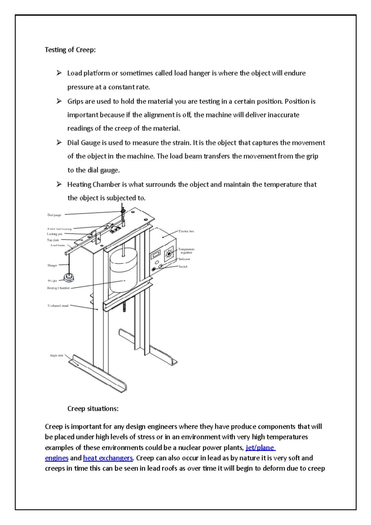 Uni work 12 - N/A - Testing of Creep: Load platform or sometimes called ...