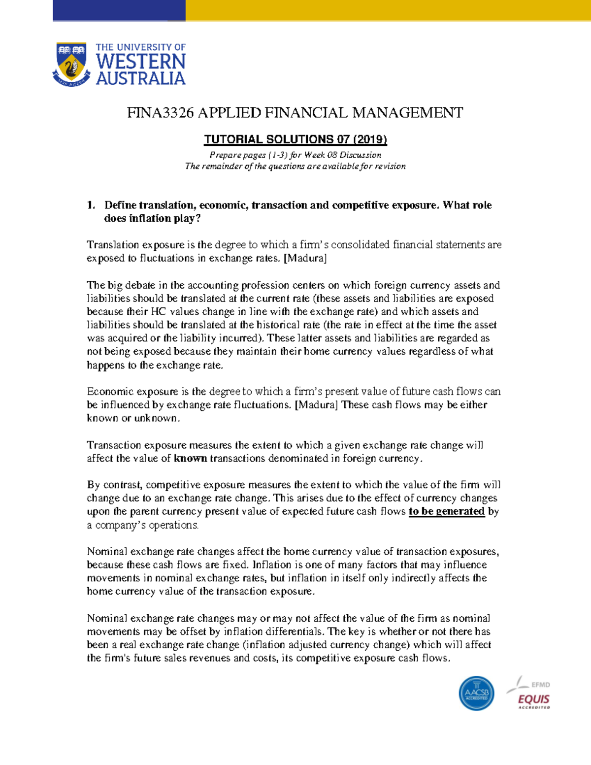 Tutorial Solutions 07 2019 - FINA3326 APPLIED FINANCIAL MANAGEMENT ...