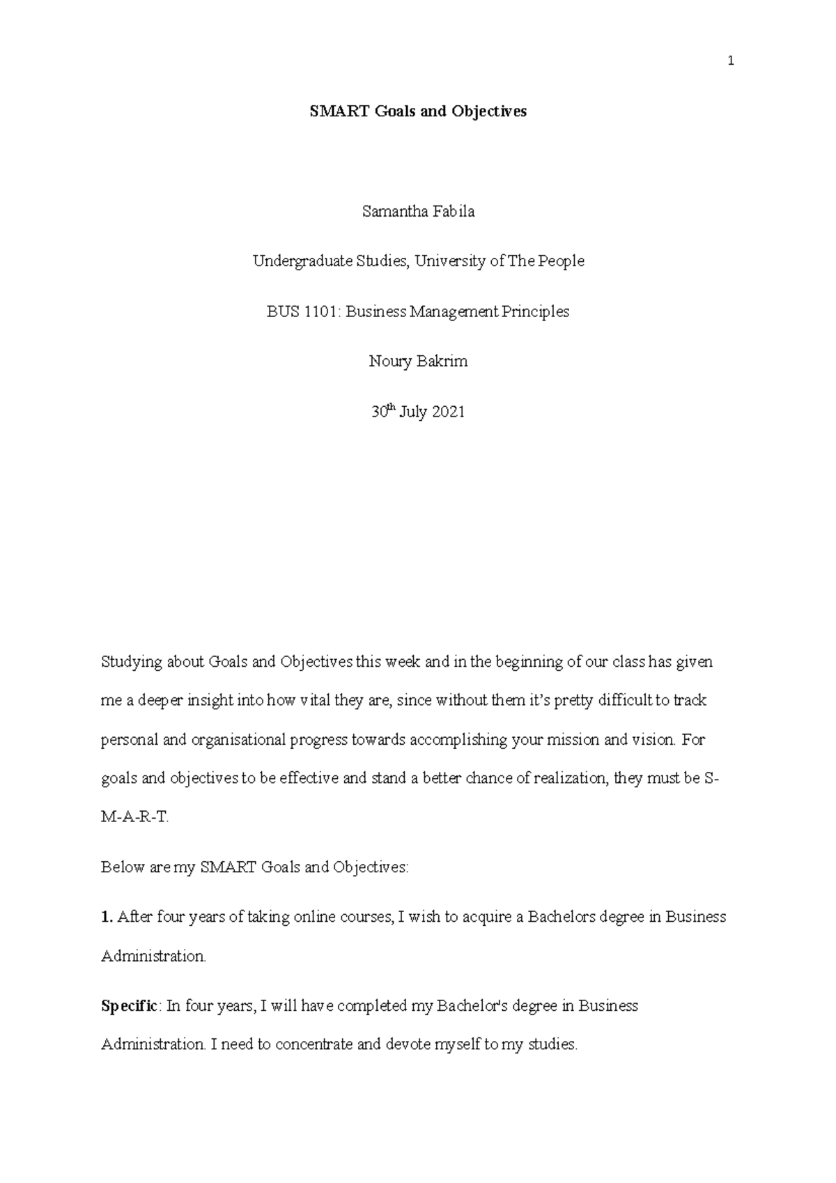 Smart Goals and Objectives Unit 6 - SMART Goals and Objectives Samantha ...