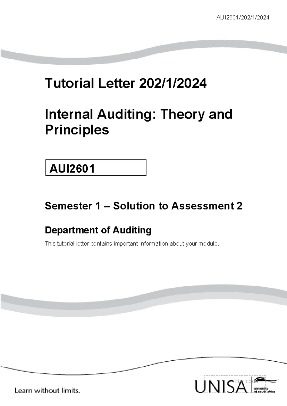 AUI2601 Assessment 02 Solution S1 2024 Final - Tutorial Letter 202/1/ Internal Auditing: Theory ...