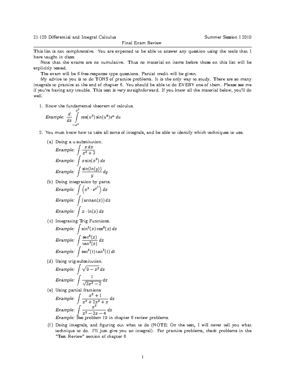 Finalreview - A reviewer for final exam - 21-120 Differential and Integral Calculus Summer ...
