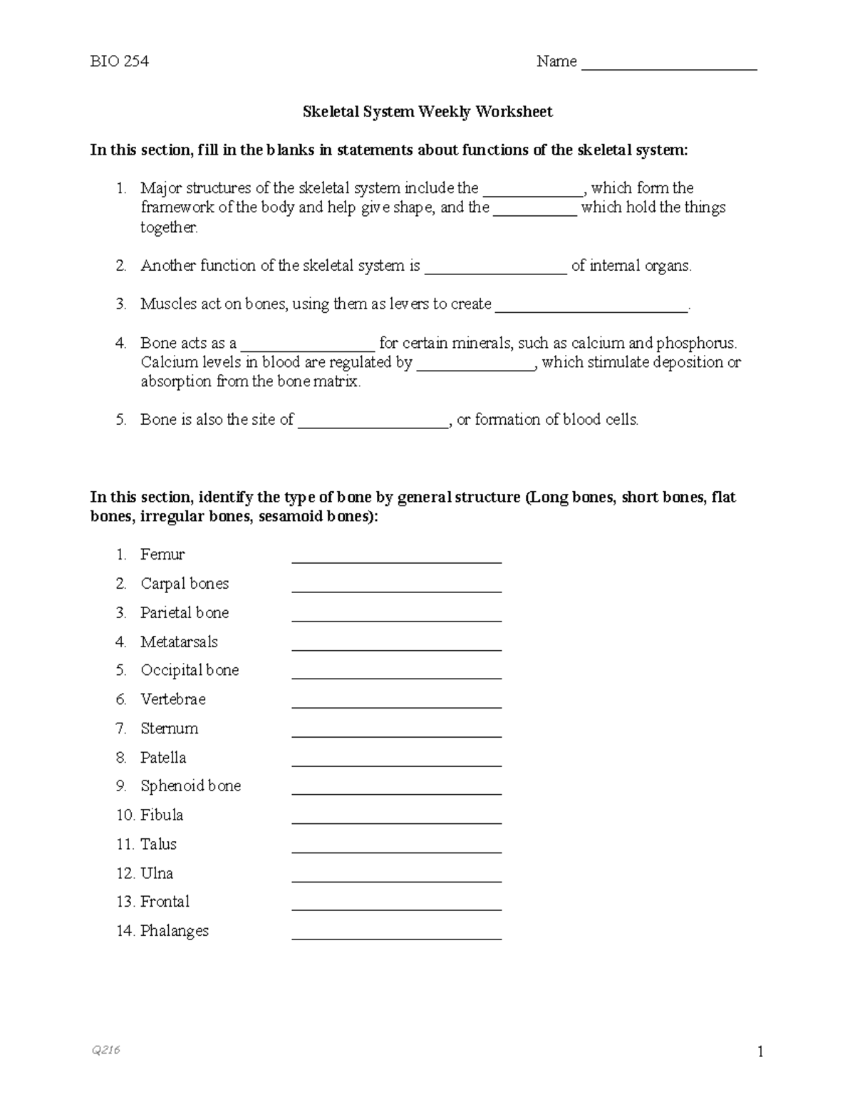 BIO 254 Week 1 Skeletal System - BIO 254 Name ...