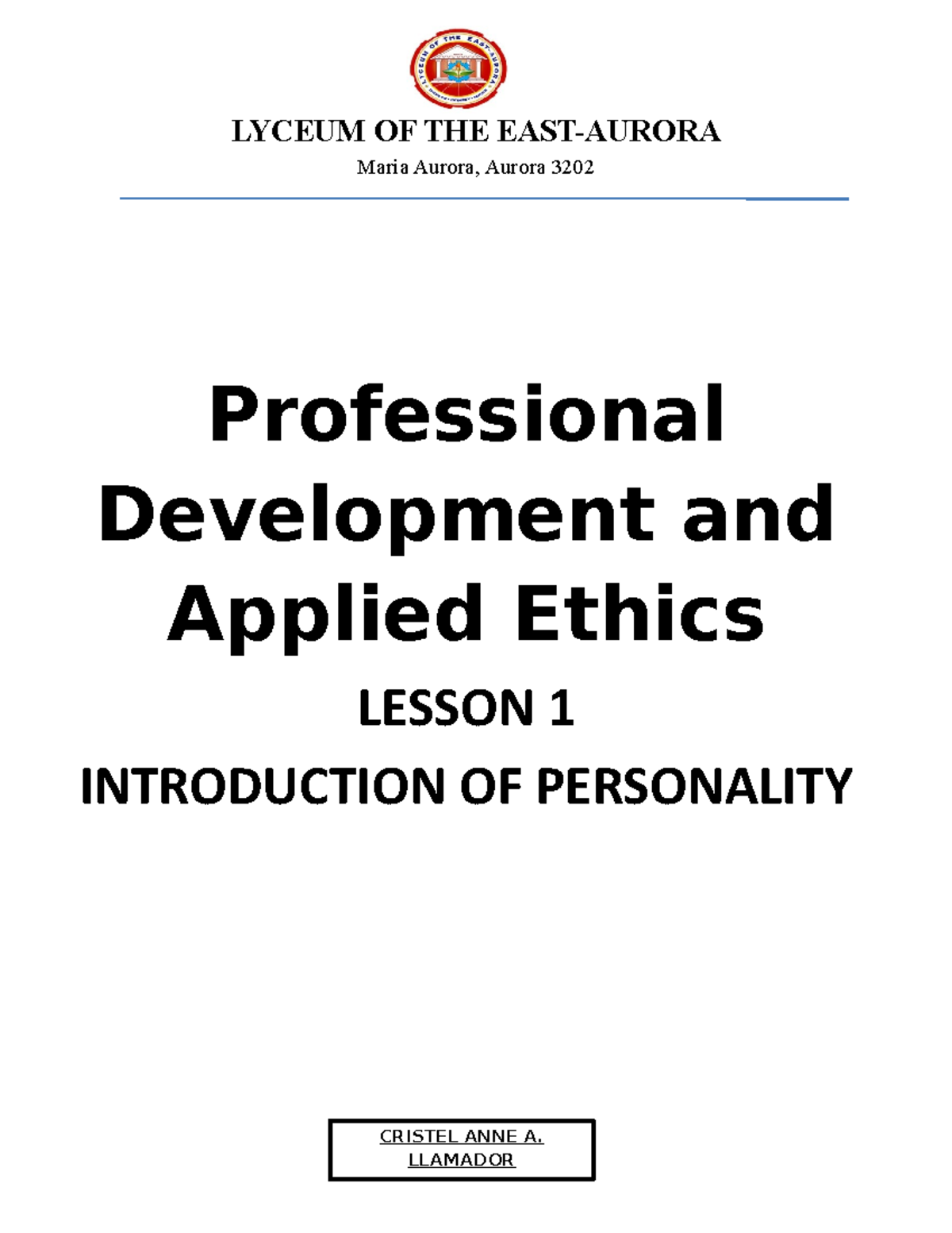 Lesson 1- Professional Development Lesson 1 - LYCEUM OF THE EAST-AURORA ...