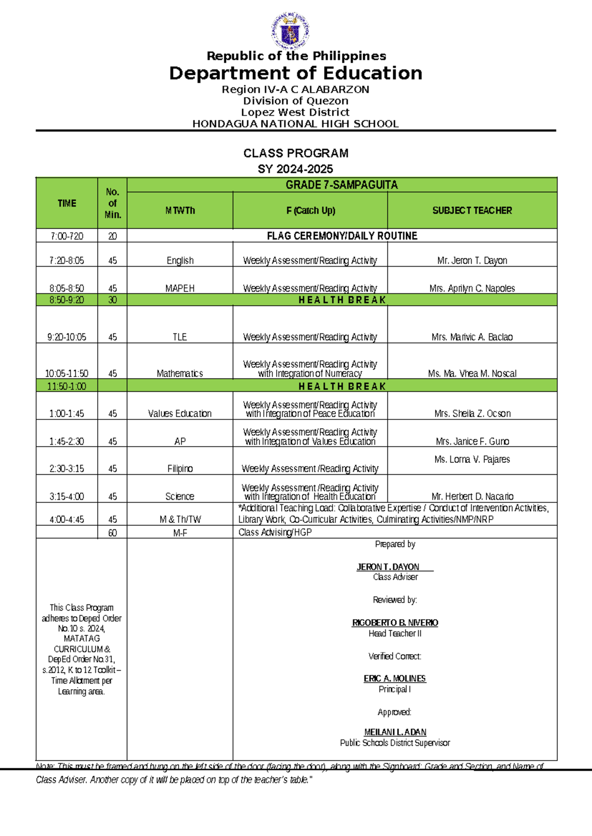 Latest JHS Class Program SY 2024 2025 - Republic of the Philippines ...