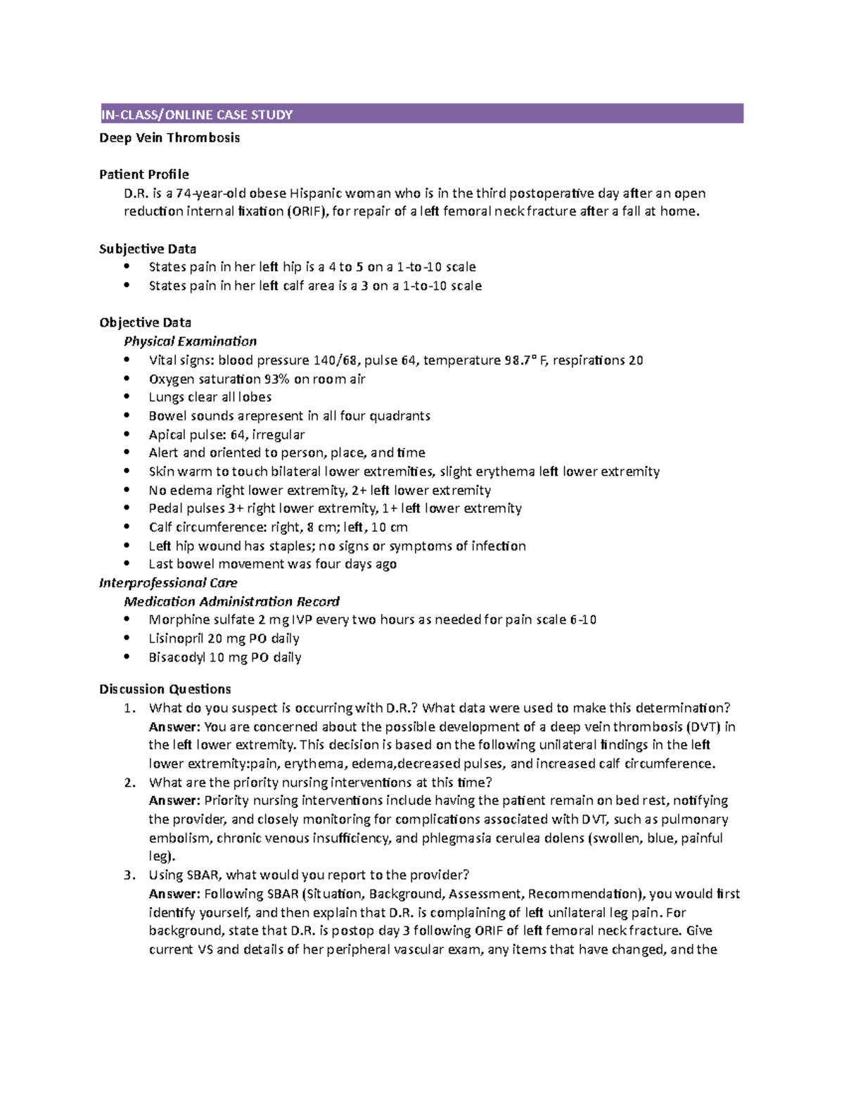 DVT CASE Study with answers - IN-CLASS/ONLINE CASE STUDY Deep Vein ...