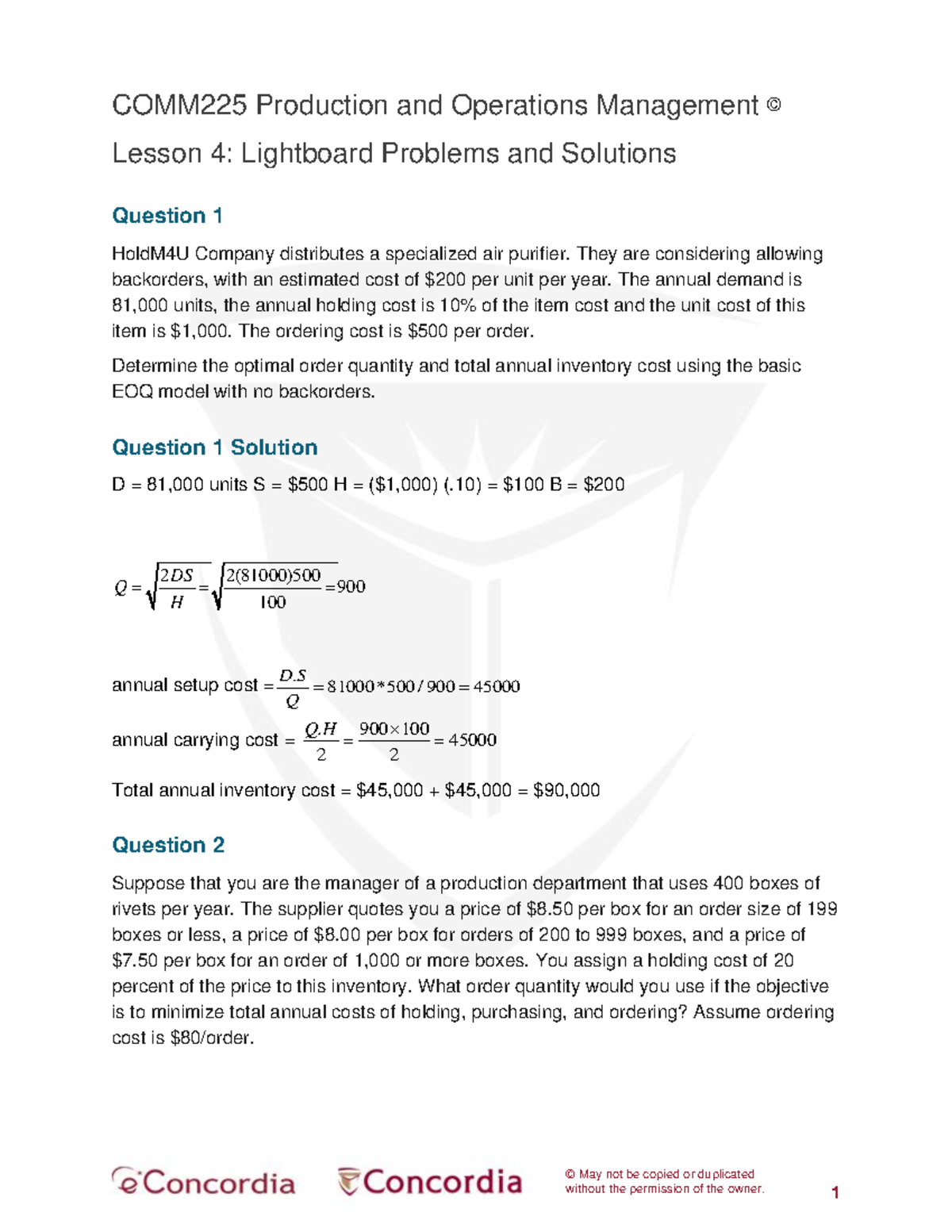 Inventory Management Practice Questions May Not Be Copied Or