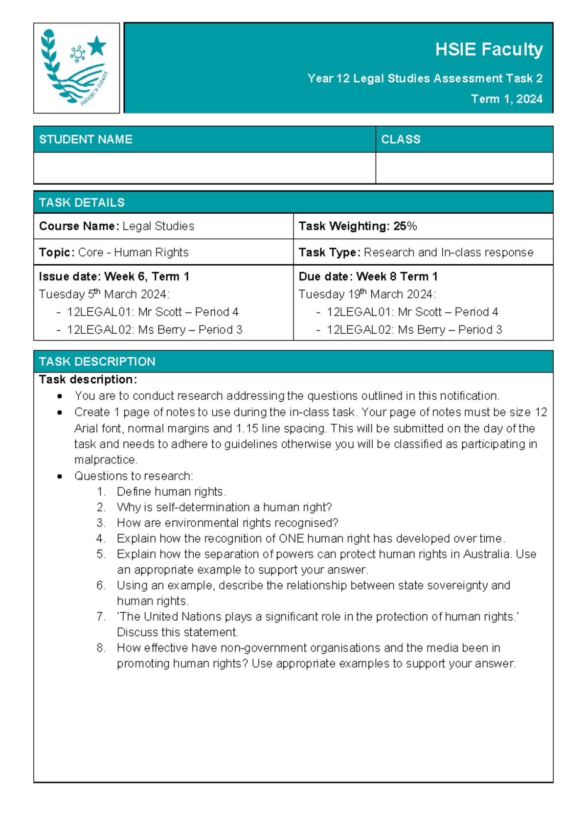 Year 12 Legal Studies Assessment Task 2 Notification - HSIE Faculty ...
