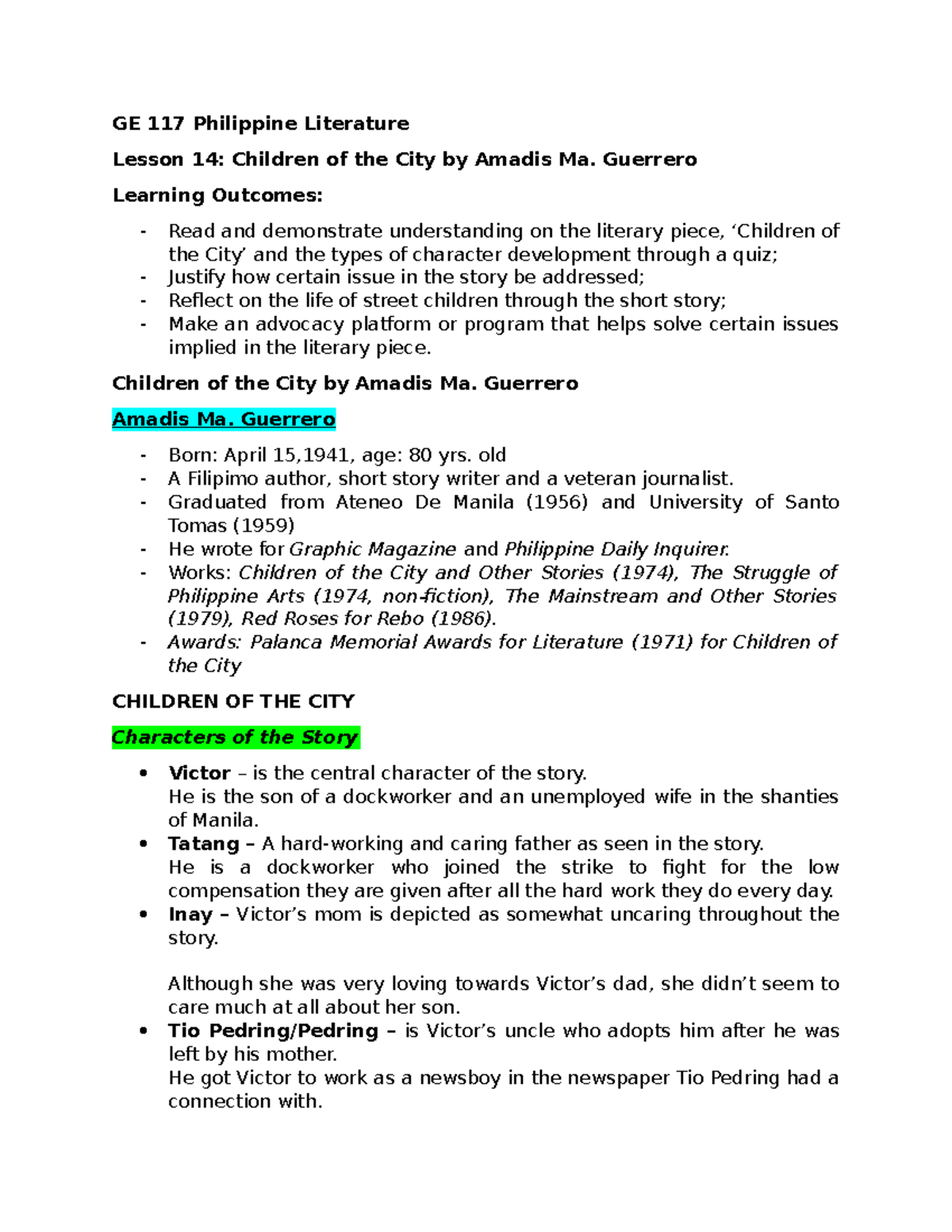 Lesson 14 Children of the City by Amadis Ma. Guerrero - GE 117 ...