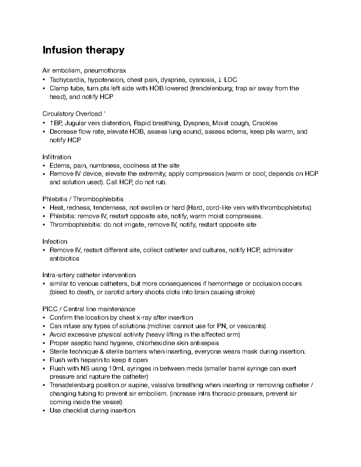 MedSurg1 lecture notes- Infusion, inflammation - Infusion therapy Air ...