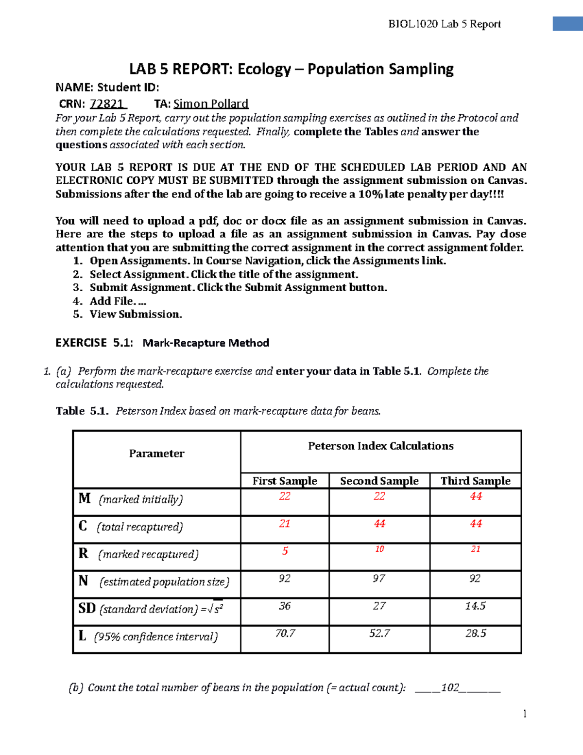 Lab 5-Lab Assignment - prof: annette tavares - LAB 5 REPORT: Ecology ...