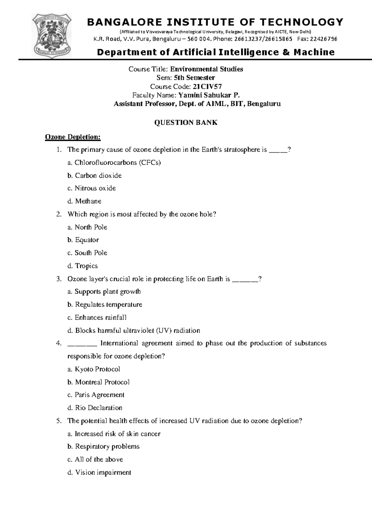Qbank - Question bank - Course Title: Environmental Studies Sem: 5th Semester Course Code: 21CIV ...