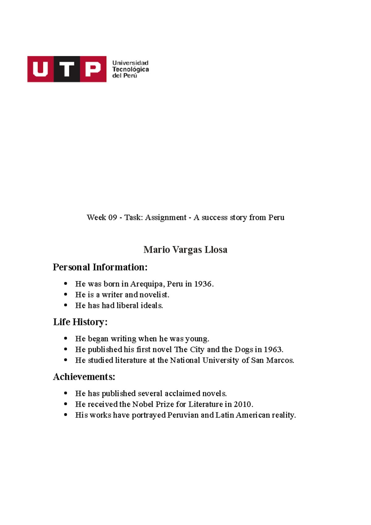 Ingles 4-Sem9 - Week 09 - Task: Assignment - A success story from Peru Mario Vargas Llosa ...