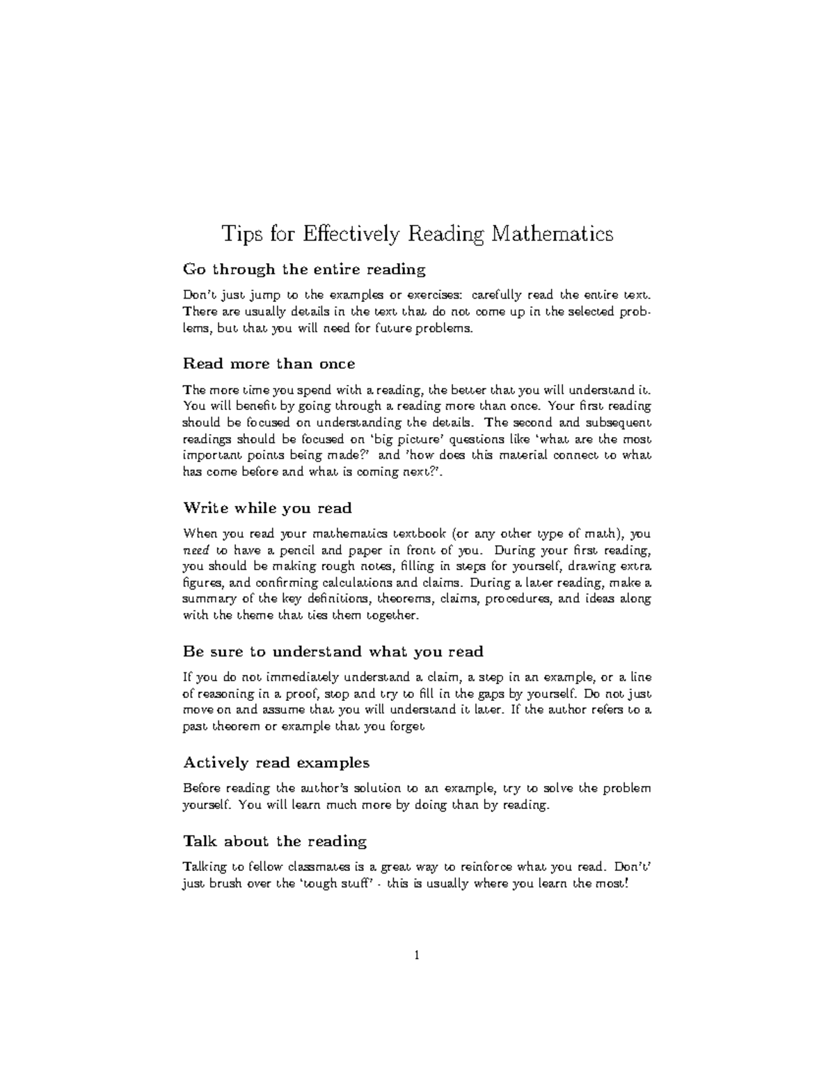 Tips for Reading Math - Tips for Effectively Reading Mathematics Go ...