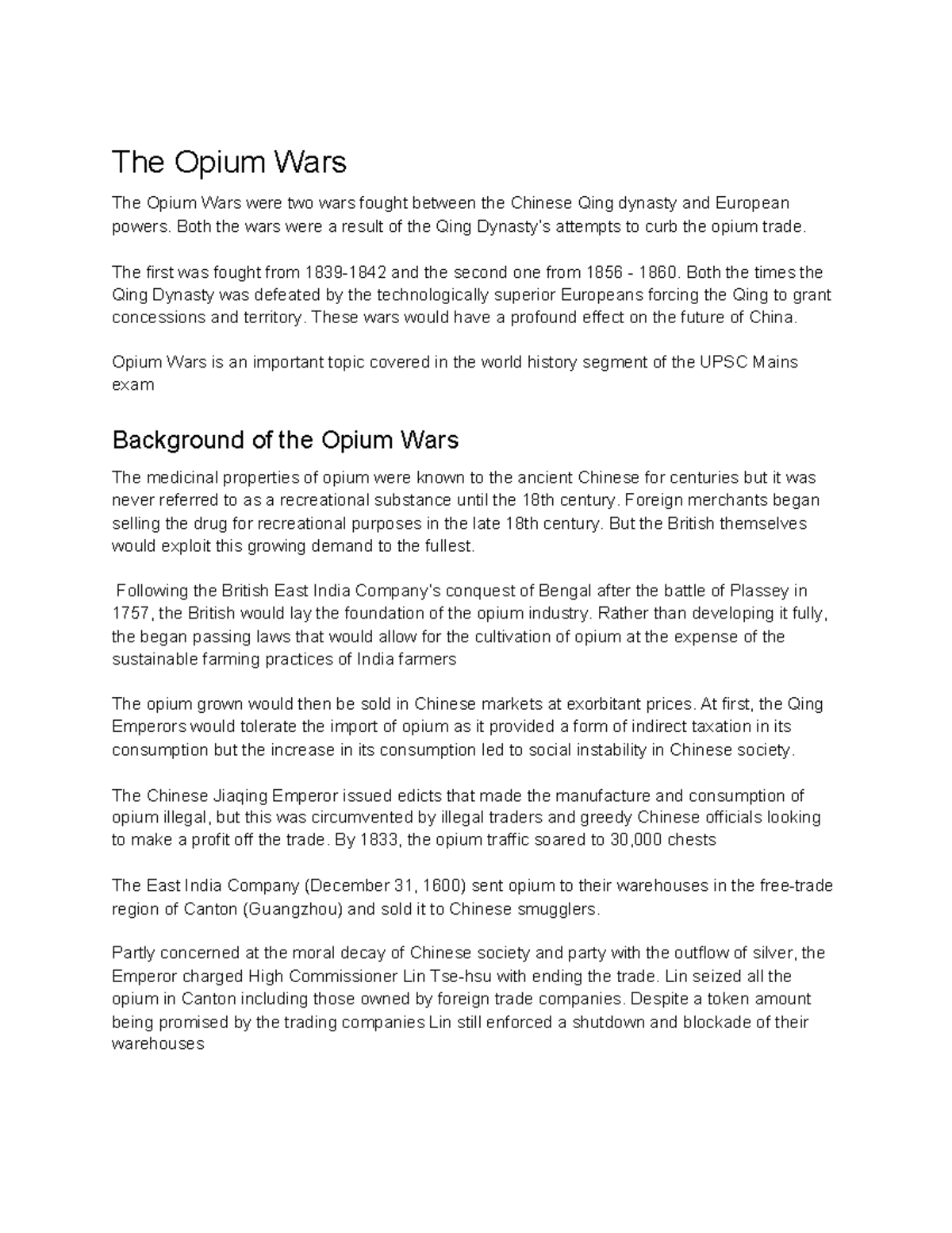 Opium-Wars Notes - The Opium Wars The Opium Wars were two wars fought ...