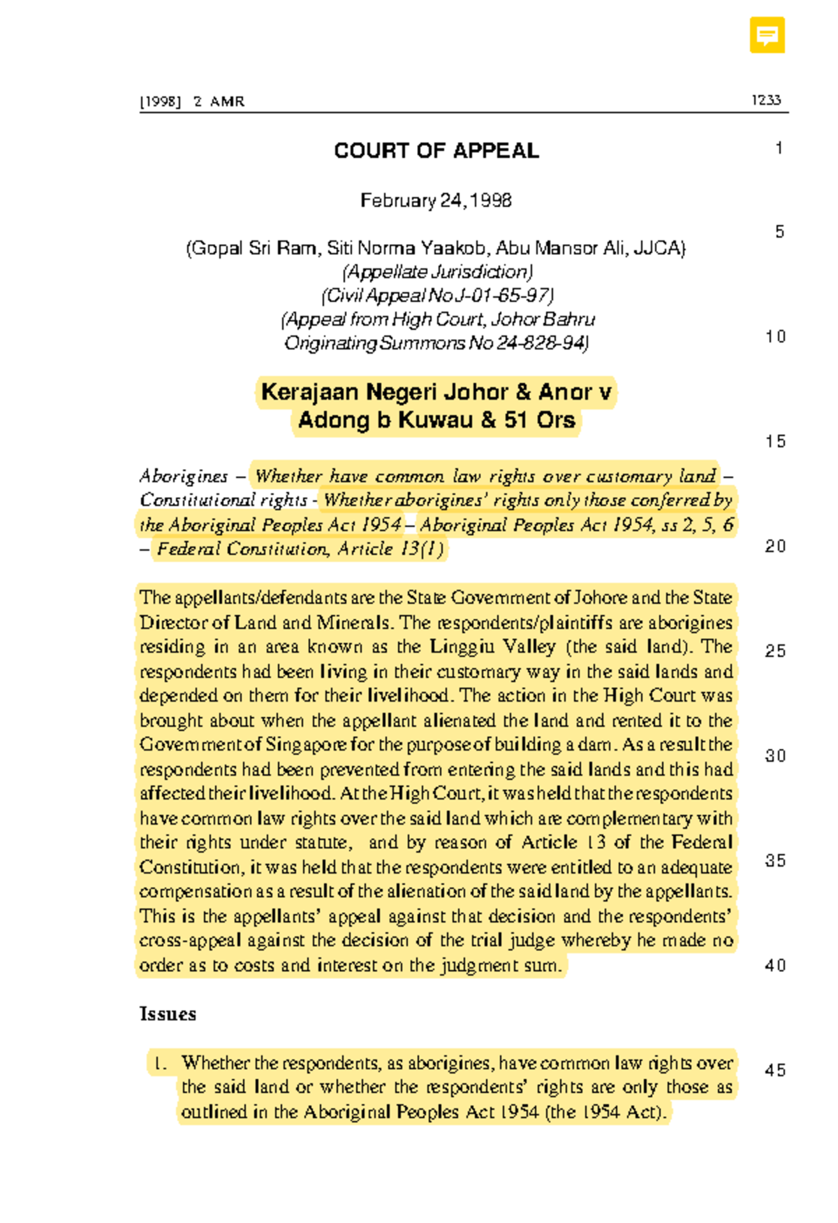 important case Kerajaan Negeri Johor & Anor v Adong b Kuwau & 51 Ors ...