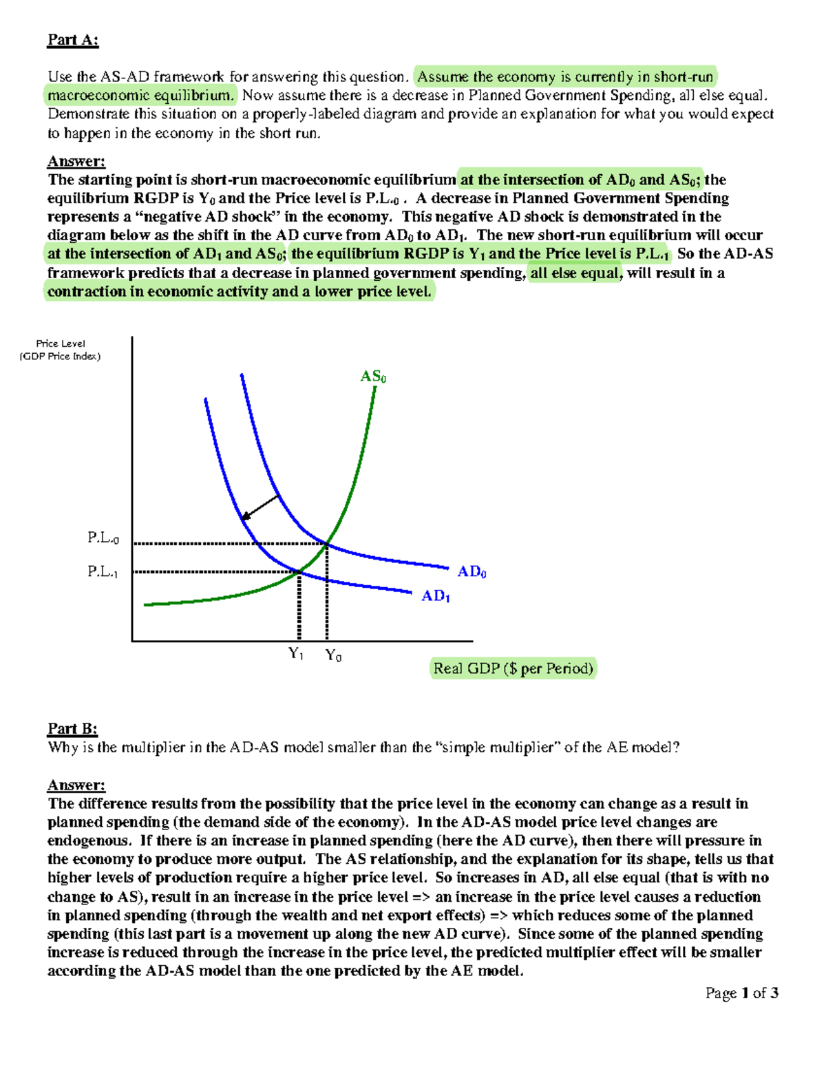 AD AS Question From Class With Solution - Part A: Use the AS-AD ...