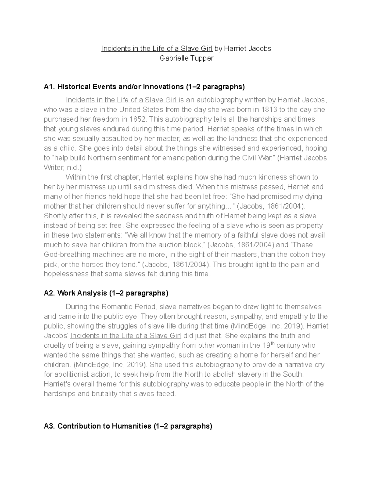 C100 Humanities Task Complete - Incidents in the Life of a Slave Girl ...