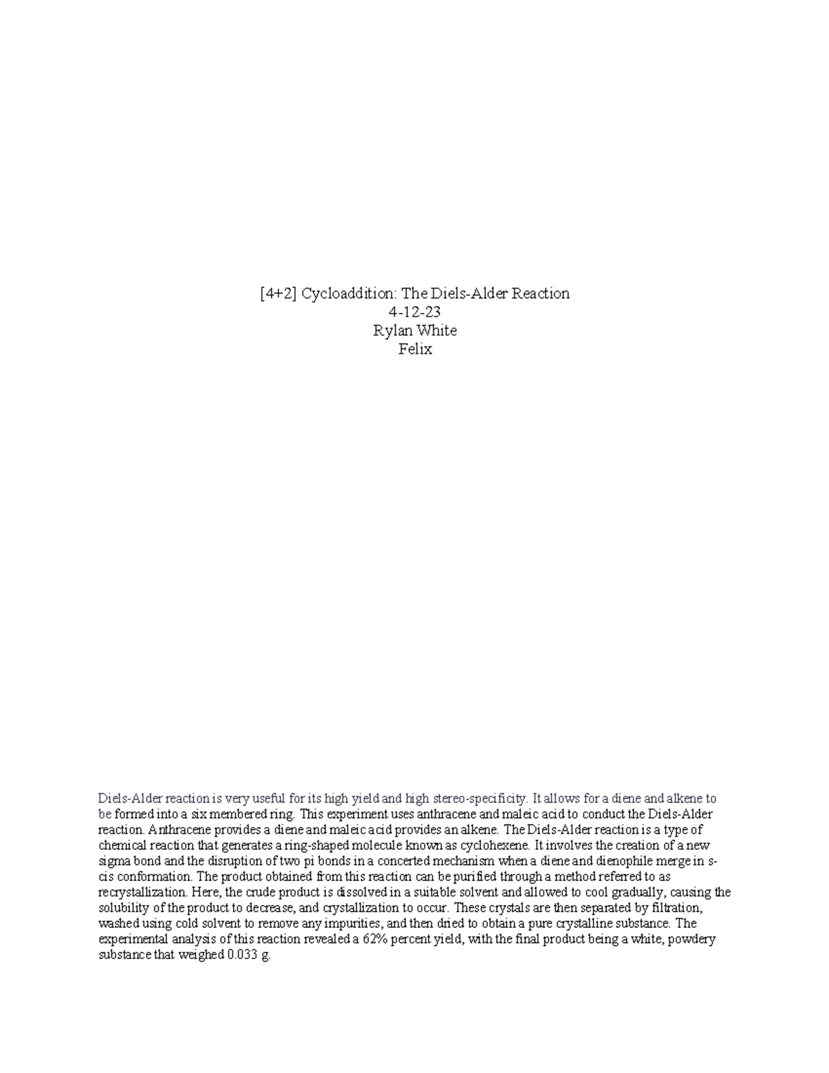 Lab report o chem 2 - [4+2] Cycloaddition: The Diels-Alder Reaction 4 ...
