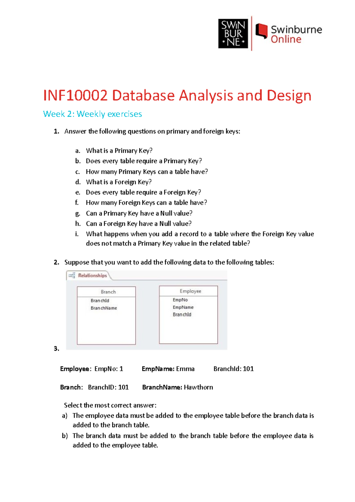 INF10002 Weekly exercises Week 2- Final - INF10002 Database Analysis ...