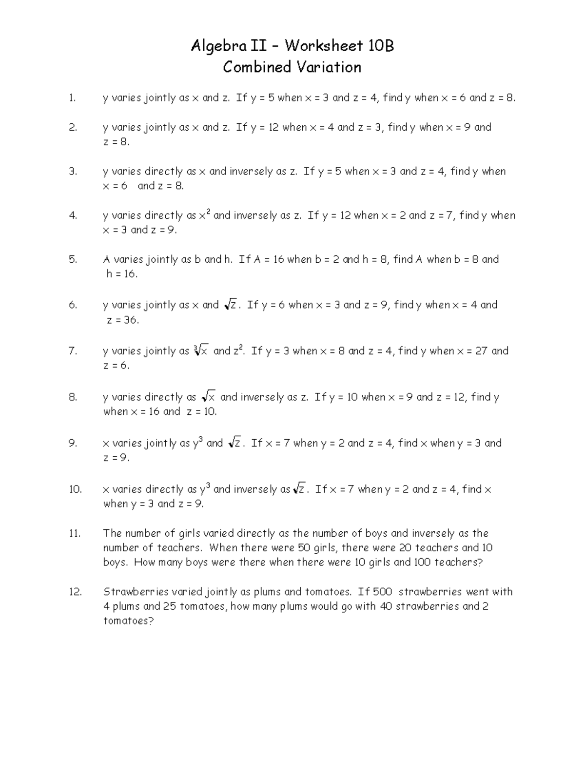 Jointandcombined - yes - Algebra II – Worksheet 10B Combined Variation ...