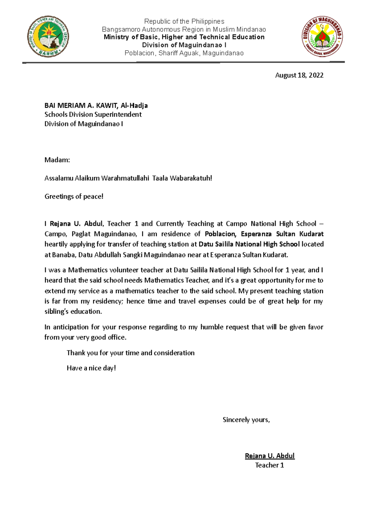 Request for transfer letter rejana 1 - Republic of the Philippines ...