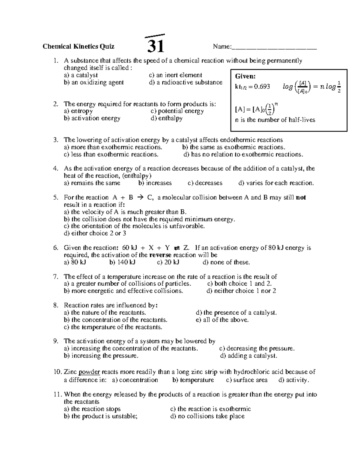rates quiz .................... - Chemical Kinetics Quiz Name ...