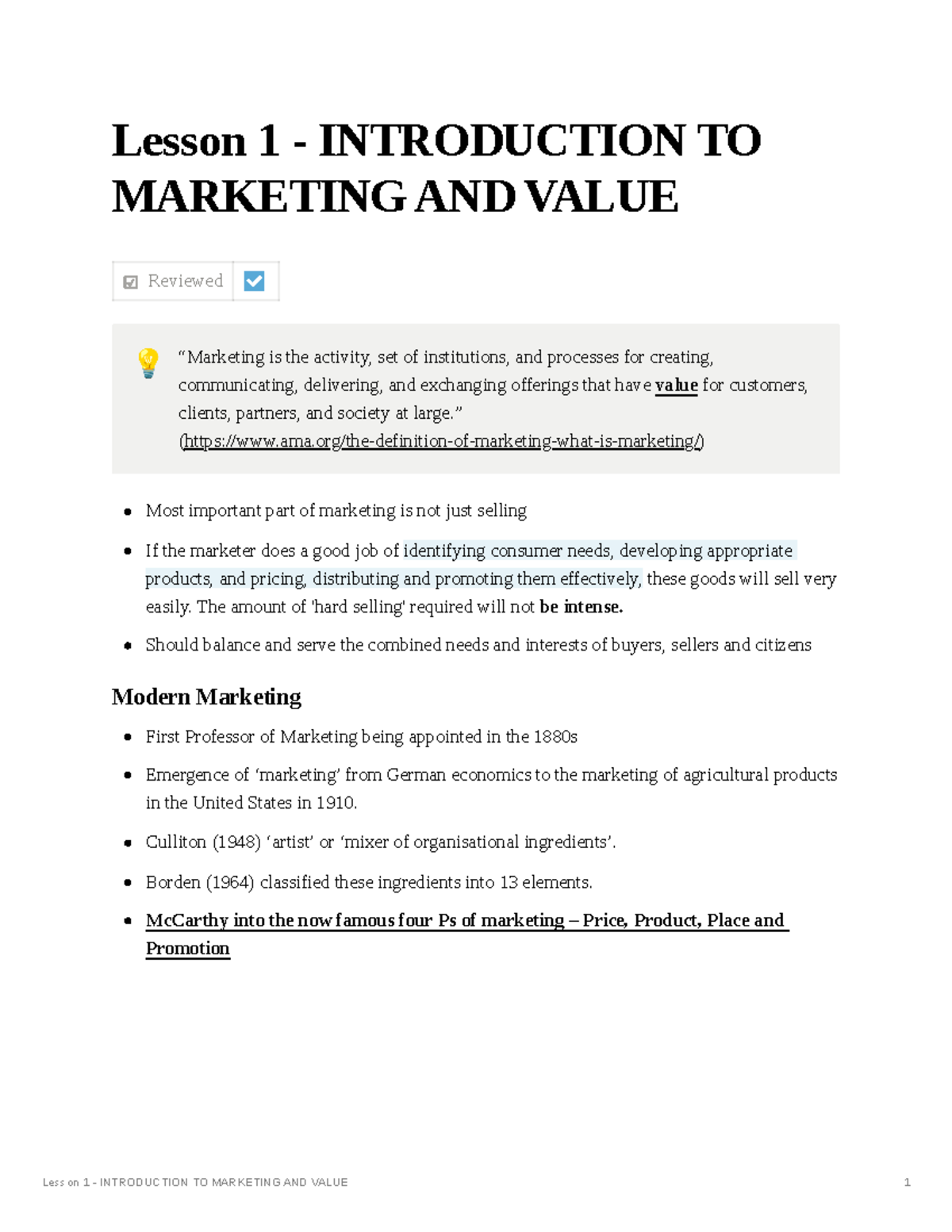 MKF1120 Lesson 1 - INTRODUCTION TO MARKETING AND VALUE - Lesson 1 ...